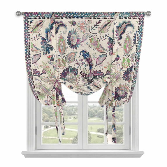 Floral Tie Up Curtains, Ethnic Flower Paisley Feather Brown Linen ...