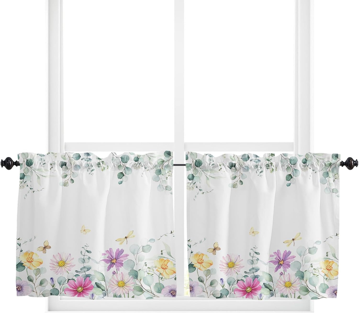 Floral Tier Curtains - 2 Panels Rod Pocket Valance Curtains Half Window ...
