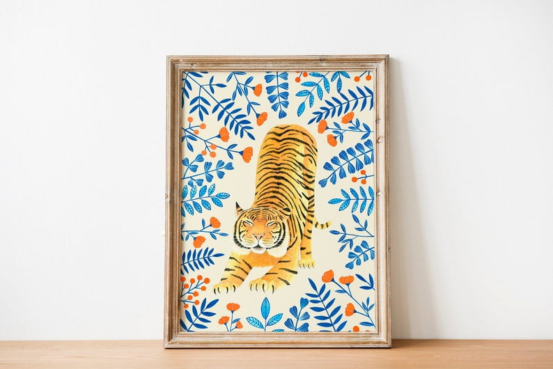 Floral Tiger Art Print: Jungle Animal Poster, Boho nursery decor ...