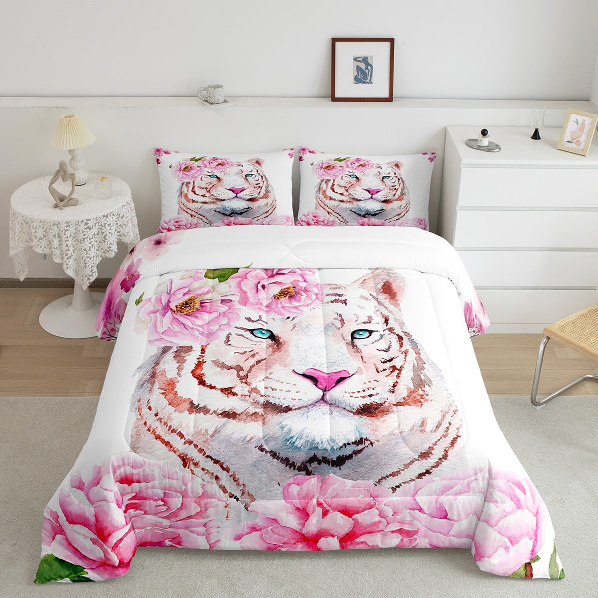 Floral Tiger Bedding White Tiger Bedding Comforter Sets, Full Size ...