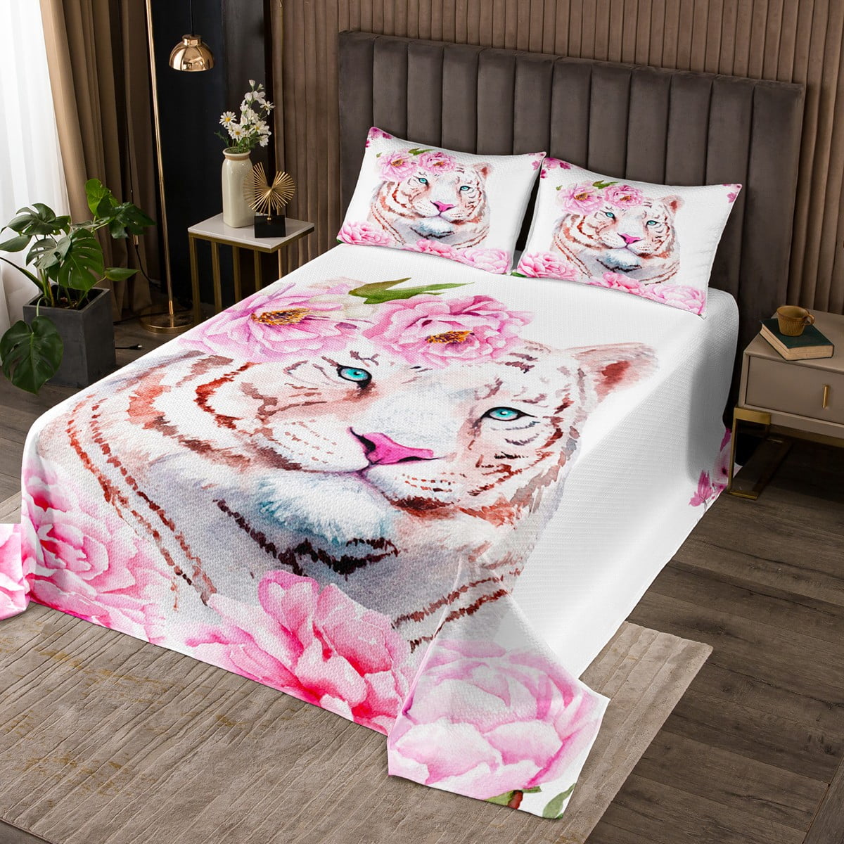 Floral Tiger Bedspread Set White Tiger Quilt Set, Twin Size Brown ...