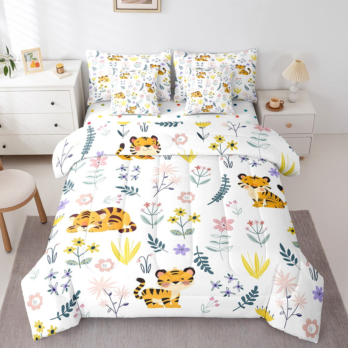 Floral Tiger Comforter Set Twin Size,Cartoon Animal Bedding Set Teens ...