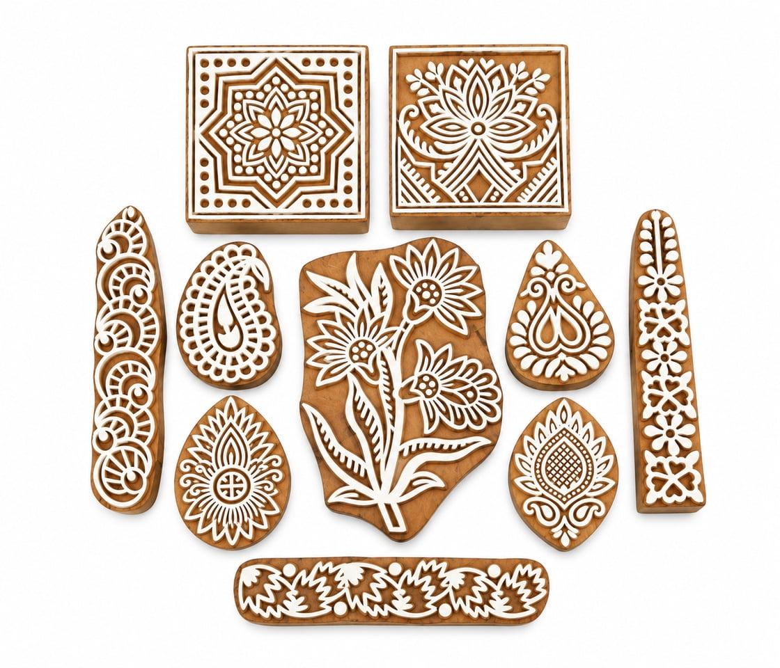 Floral Tile & Paisley Motif Wooden Block Stamps Set of 10 DIY Craft ...
