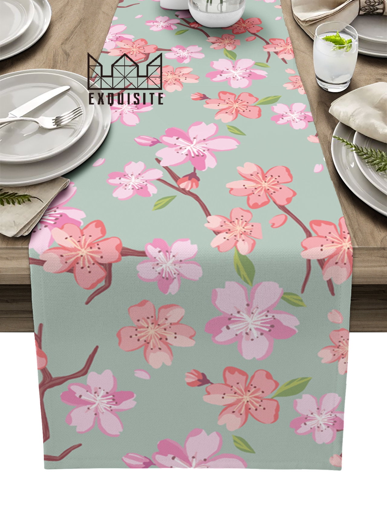 Floral Tile Pattern Cyan Table Runner ration Home r Dinner Table ration ...