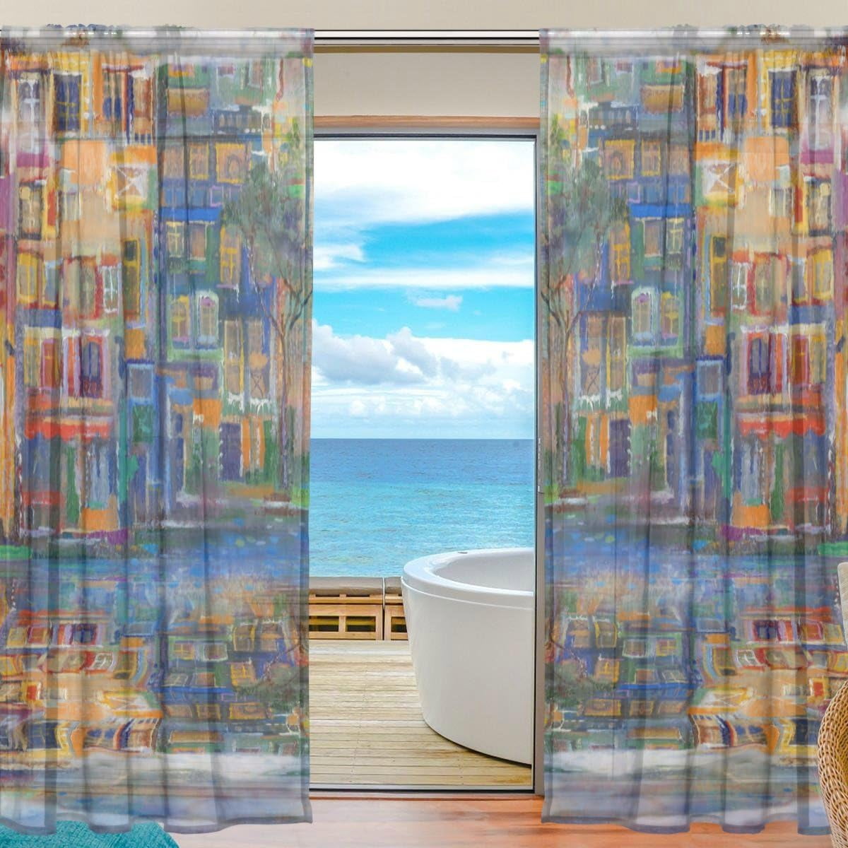 Floral Town Reflection Semi Sheer Curtains Window Voile Drapes Panels ...