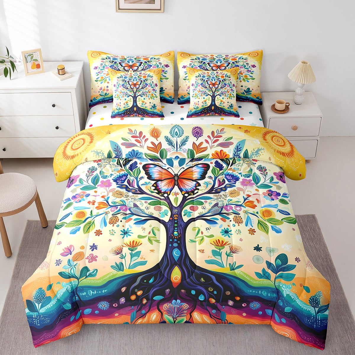 Floral Tree Bedding Set Twin Size,Butterfly 7Pcs Comforter Set Adult ...