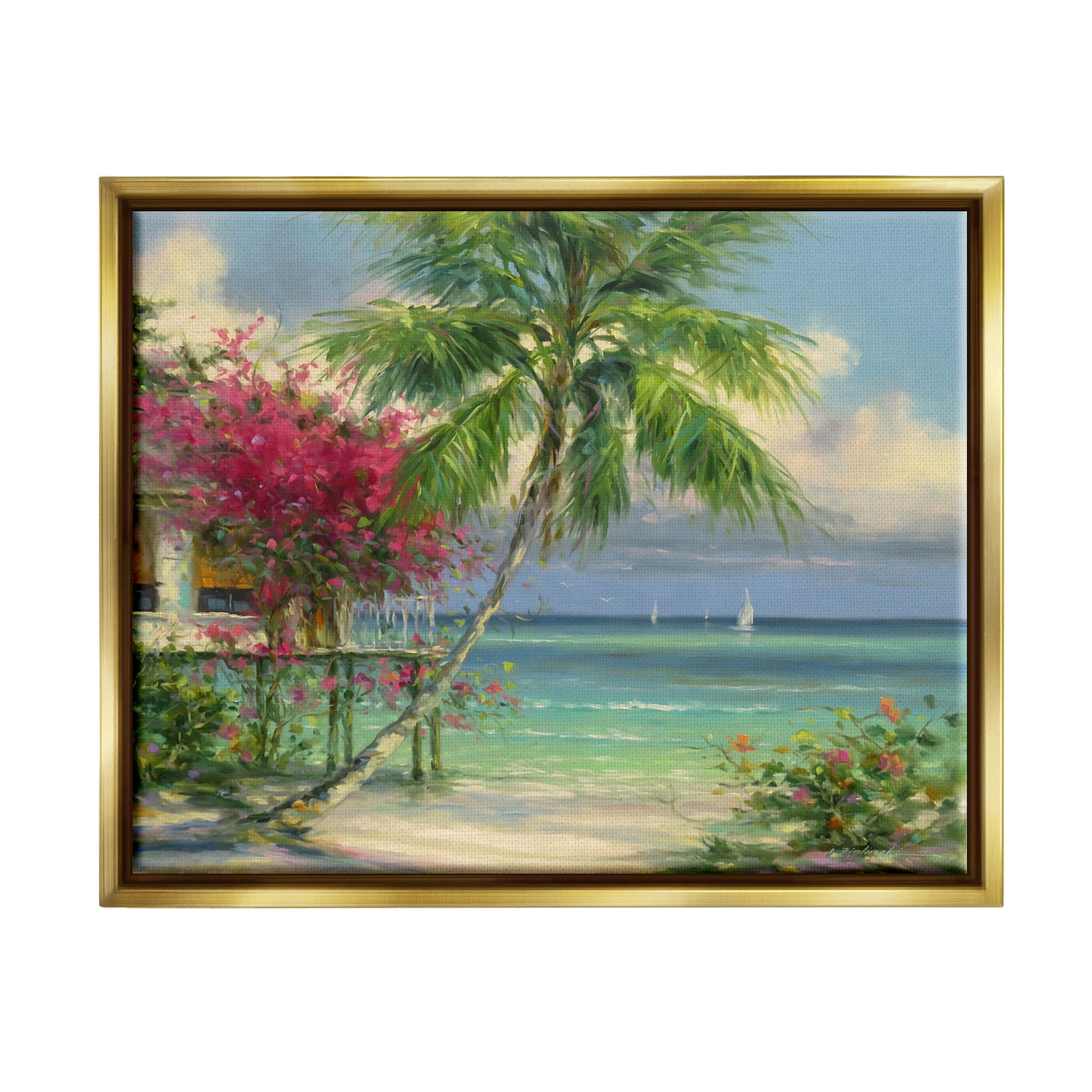 Floral Tropical Summer Vacation Resort Landscape Painting Metallic Gold ...