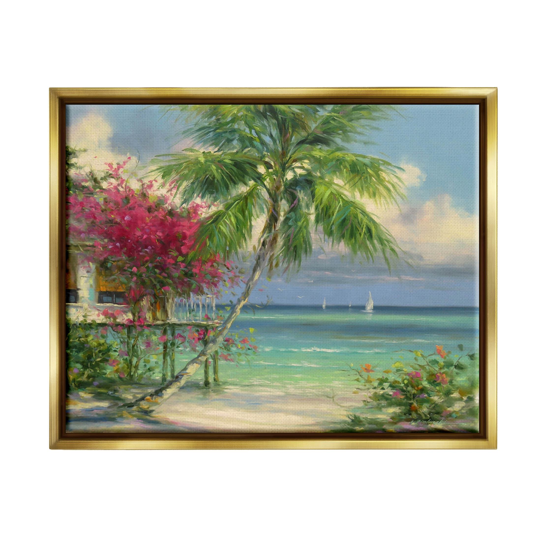Floral Tropical Summer Vacation Resort Landscape Painting Metallic Gold ...