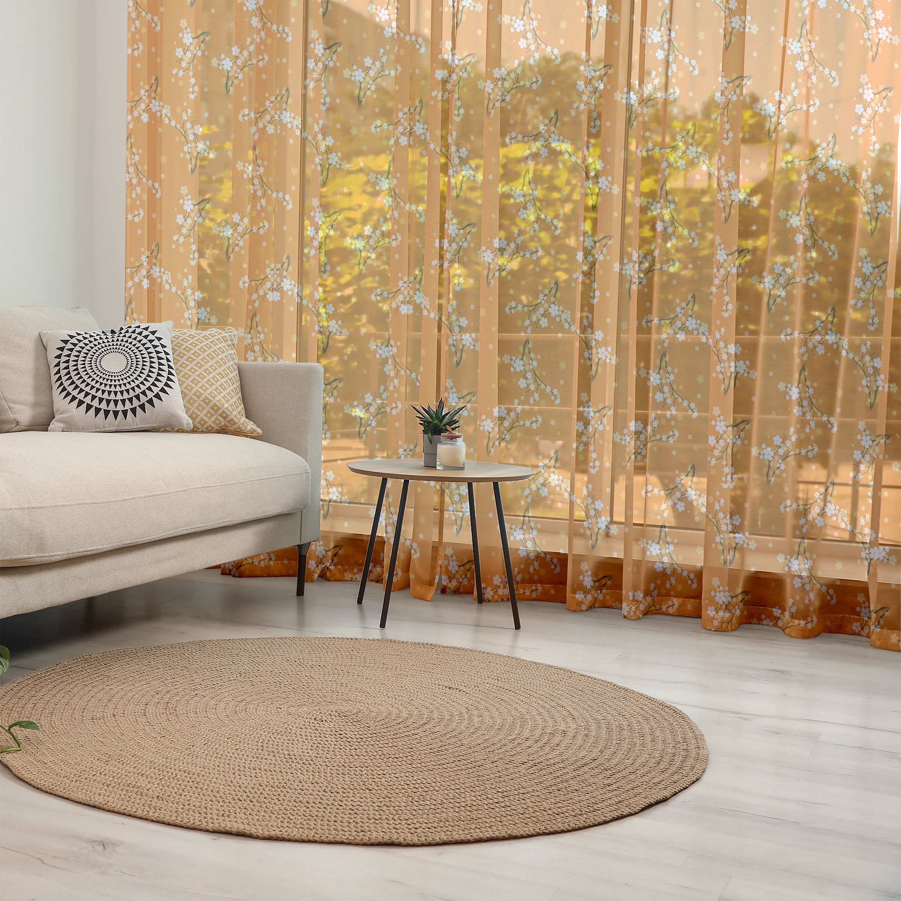 Floral Tulle Curtains with Rod Pocket, Blooming Cherry Tree Flowers on ...