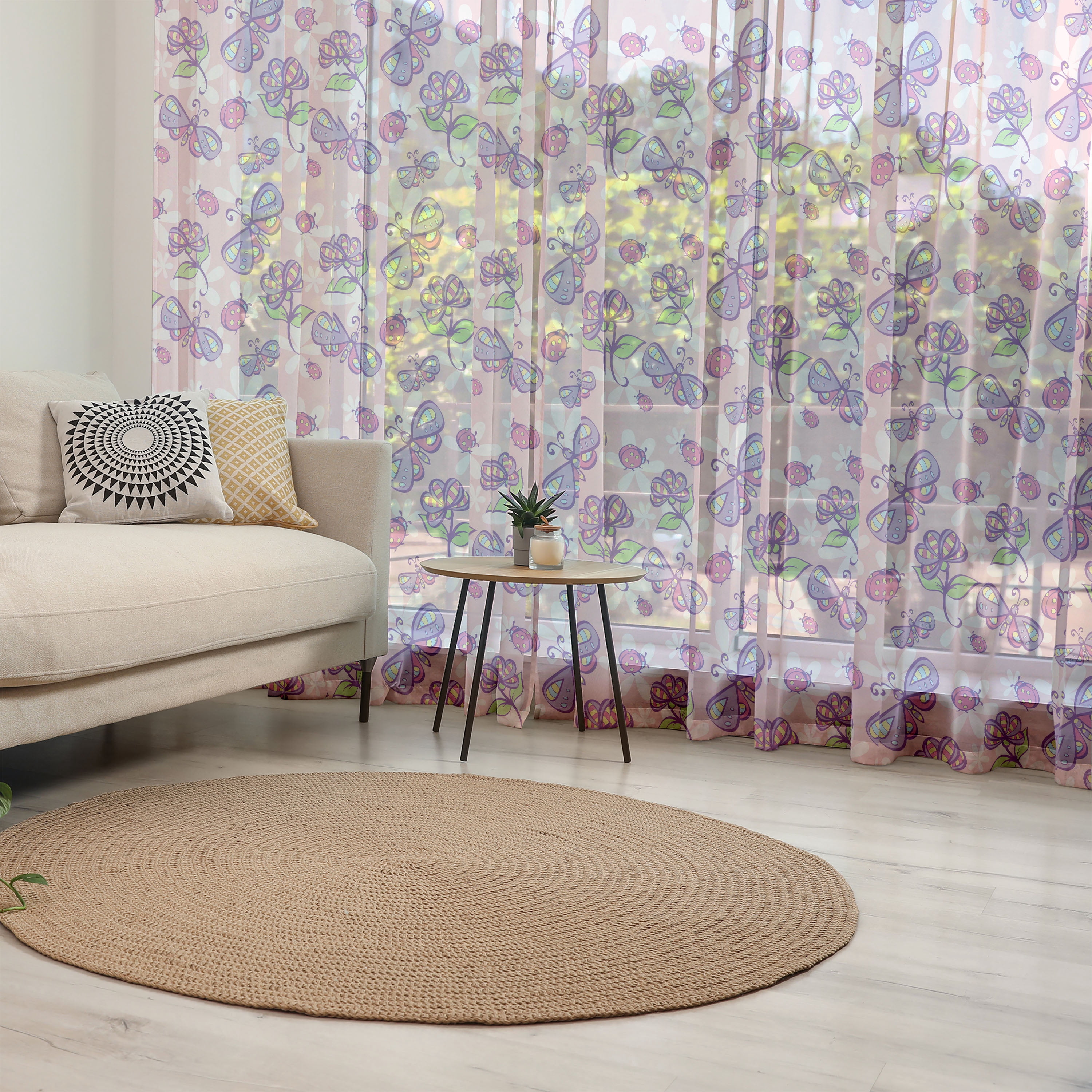 Floral Tulle Curtains with Rod Pocket, Butterflies Flowers Cartoon ...