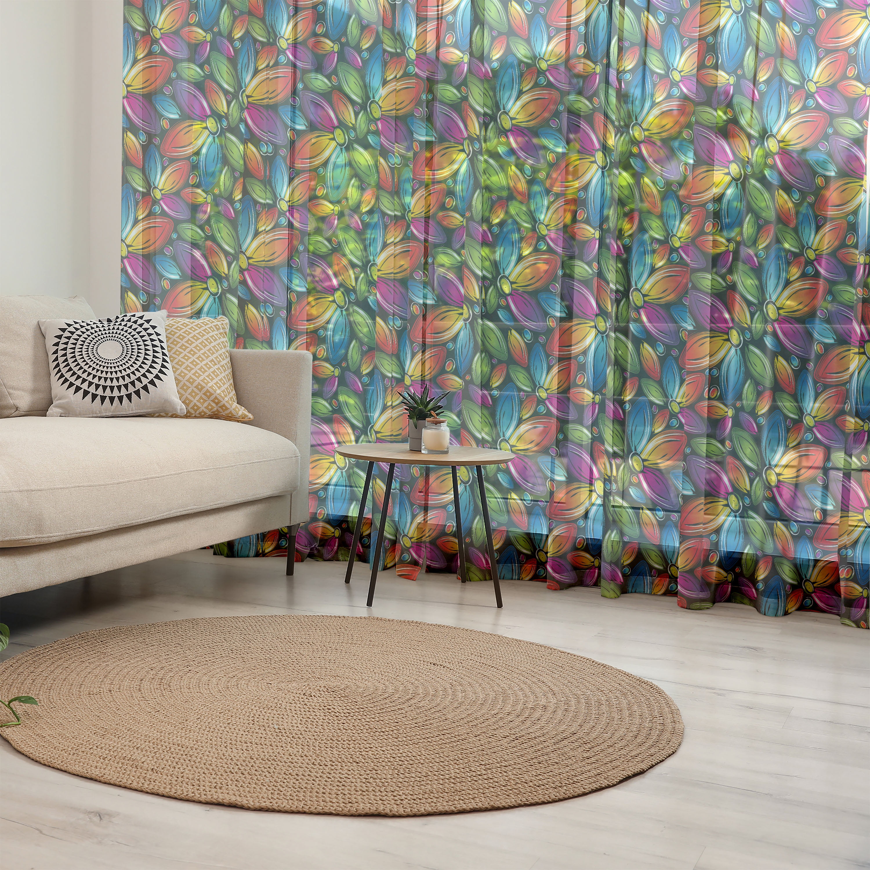 Floral Tulle Curtains with Rod Pocket, Colorful Flowers with Half ...