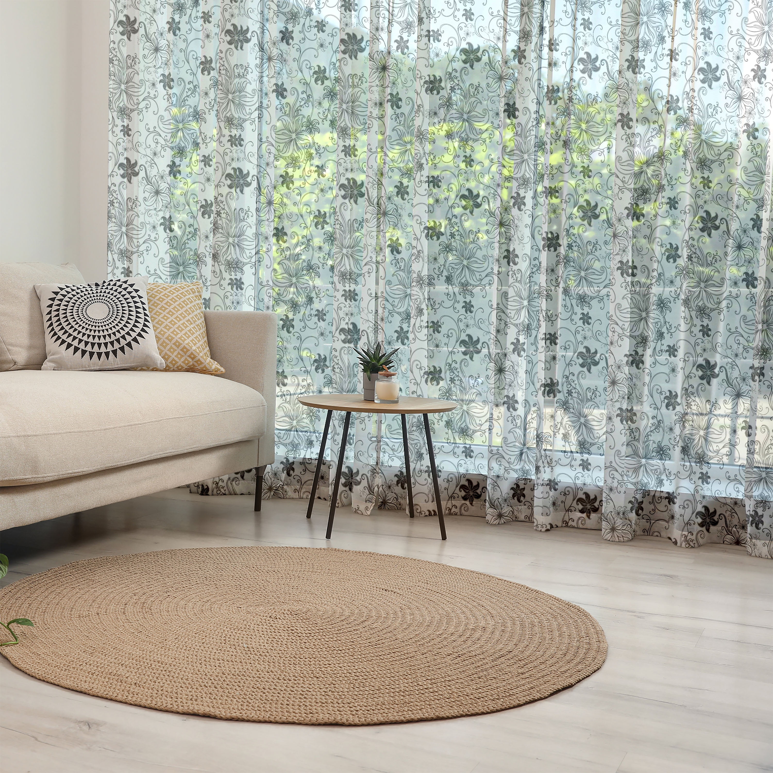 Floral Tulle Curtains with Rod Pocket, Flowers Leaves Twirled Swirls ...