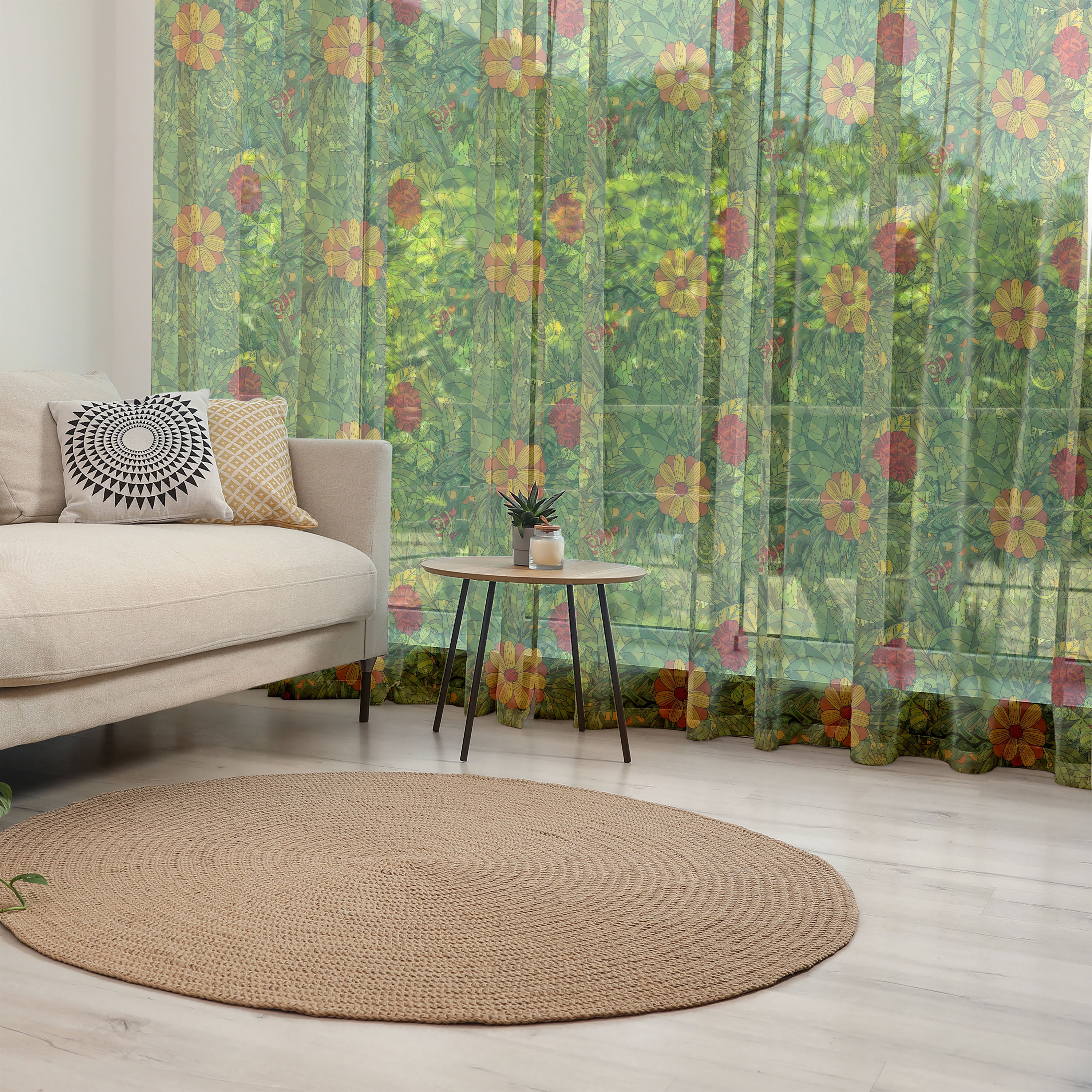 Floral Tulle Curtains with Rod Pocket, Funky Flower Foliage Bush with ...