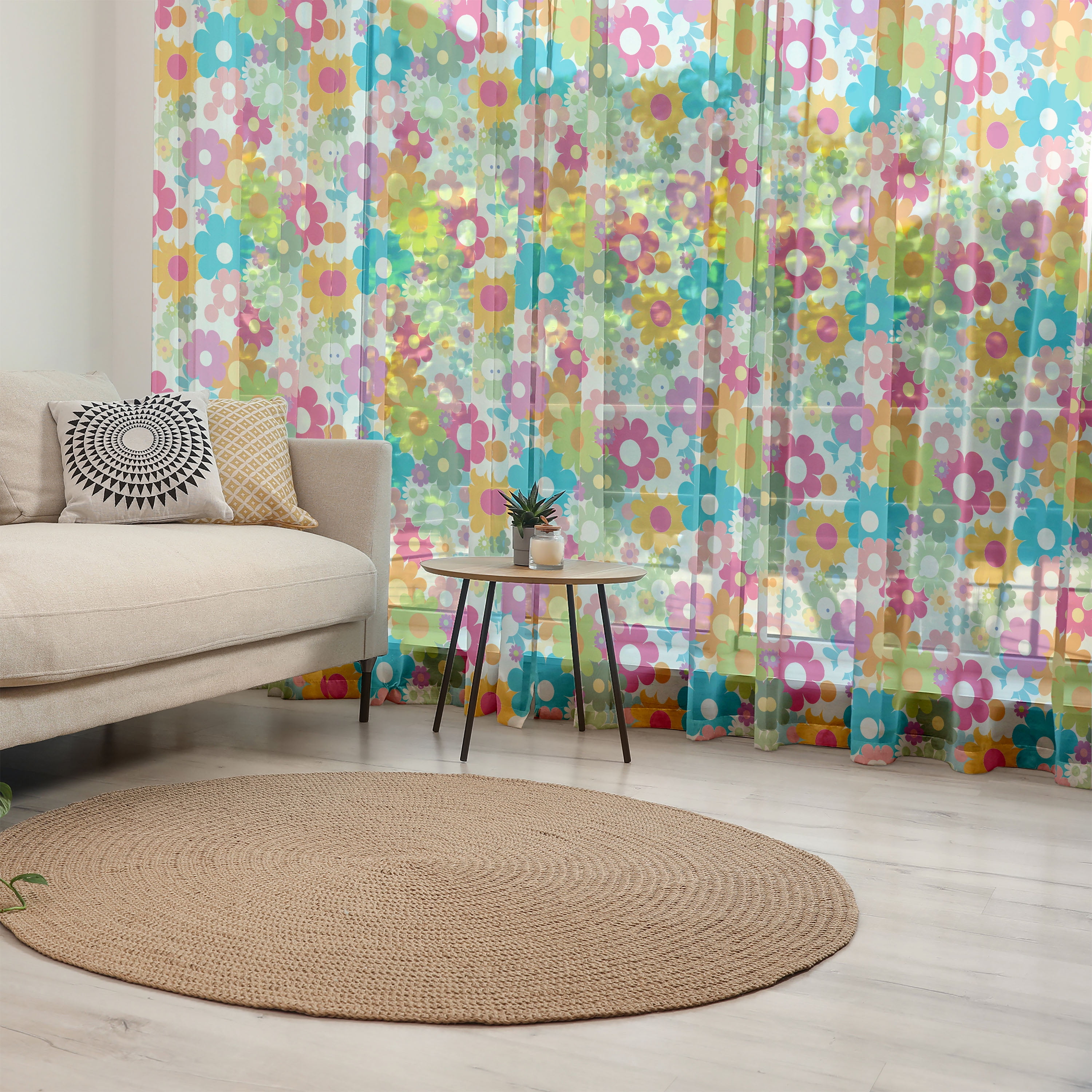 Floral Tulle Curtains with Rod Pocket, Rainbow Colored Vivid Image ...