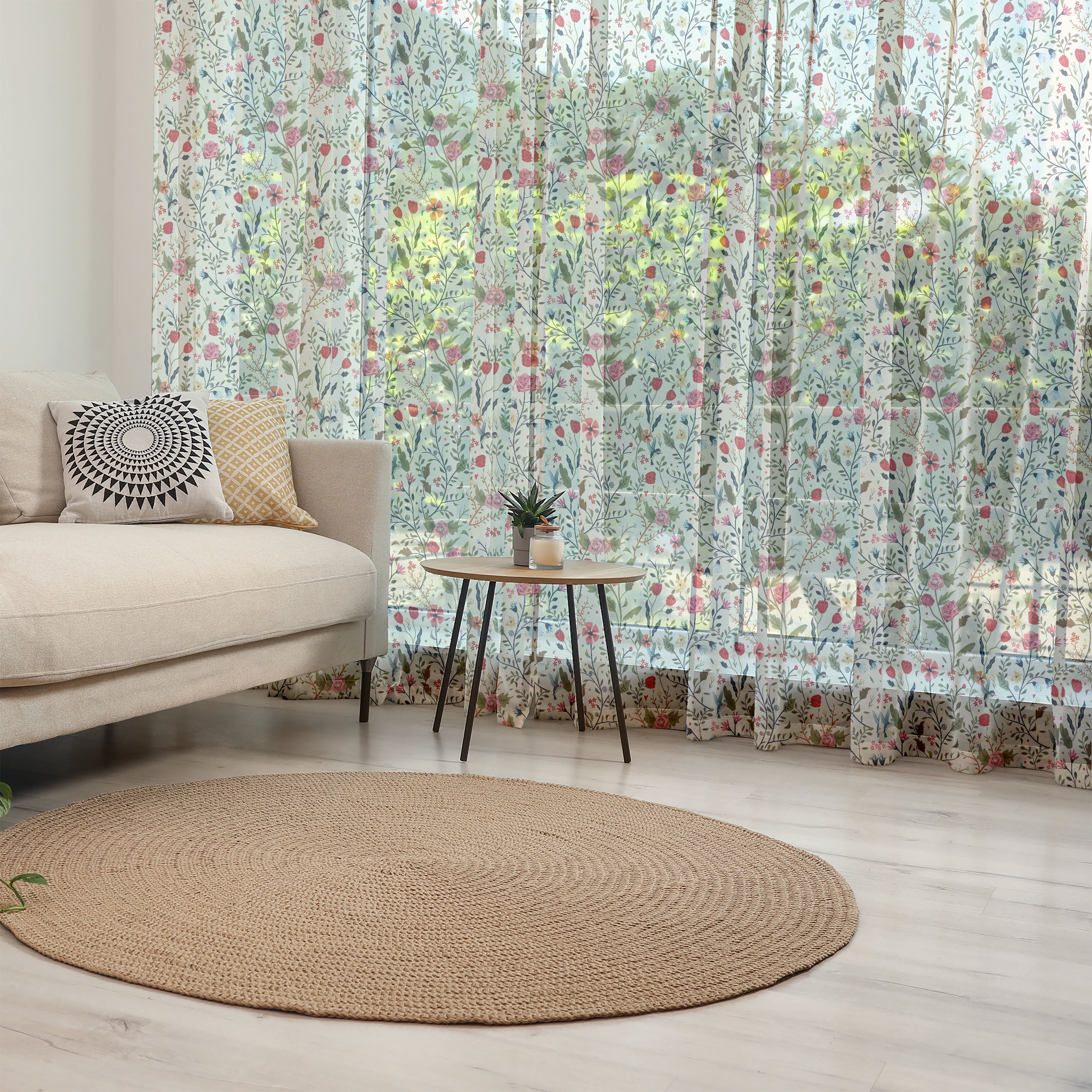 Floral Tulle Curtains with Rod Pocket, Vibrant Colored Complex Image ...