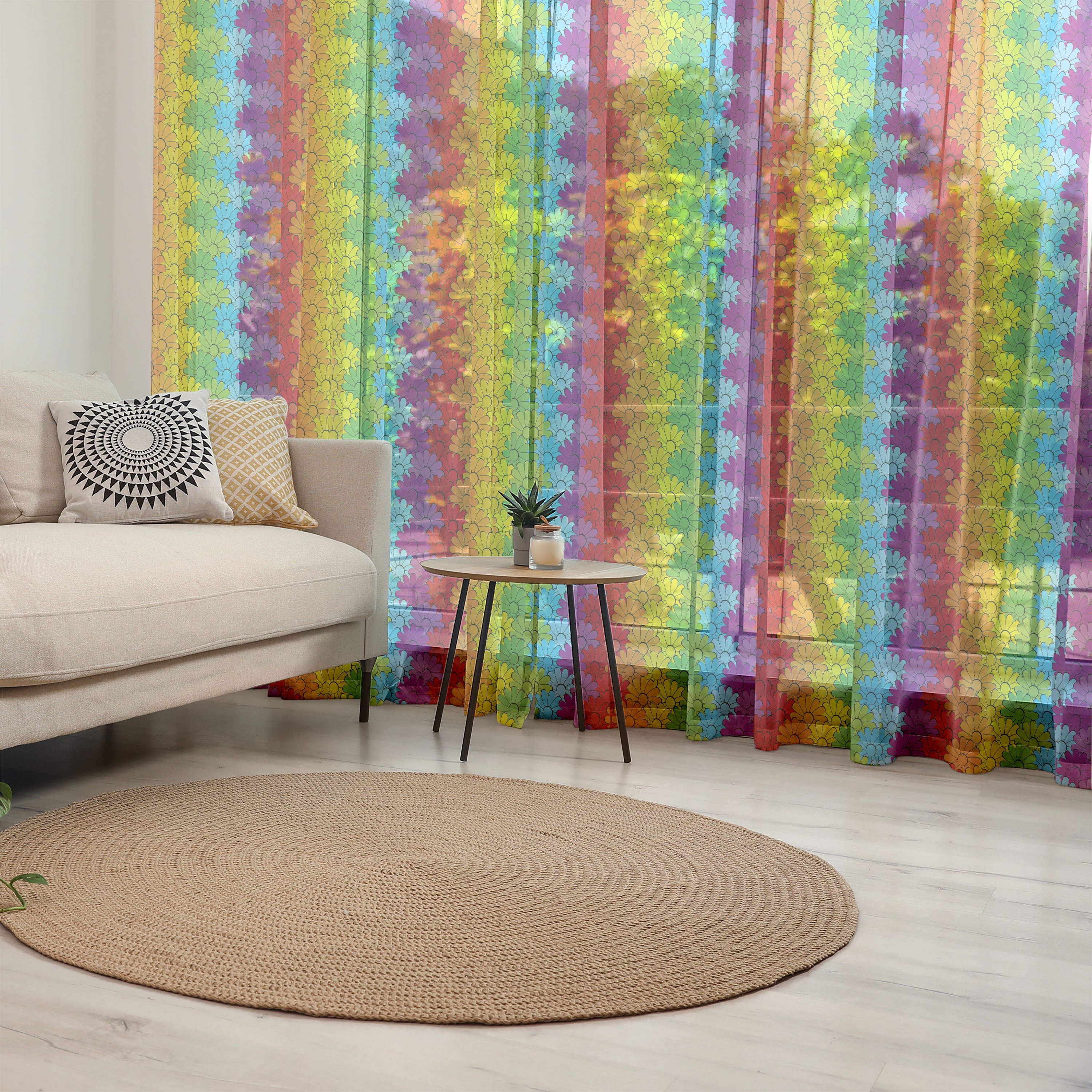 Floral Tulle Curtains with Rod Pocket, Vibrant Flowers in Rainbow ...