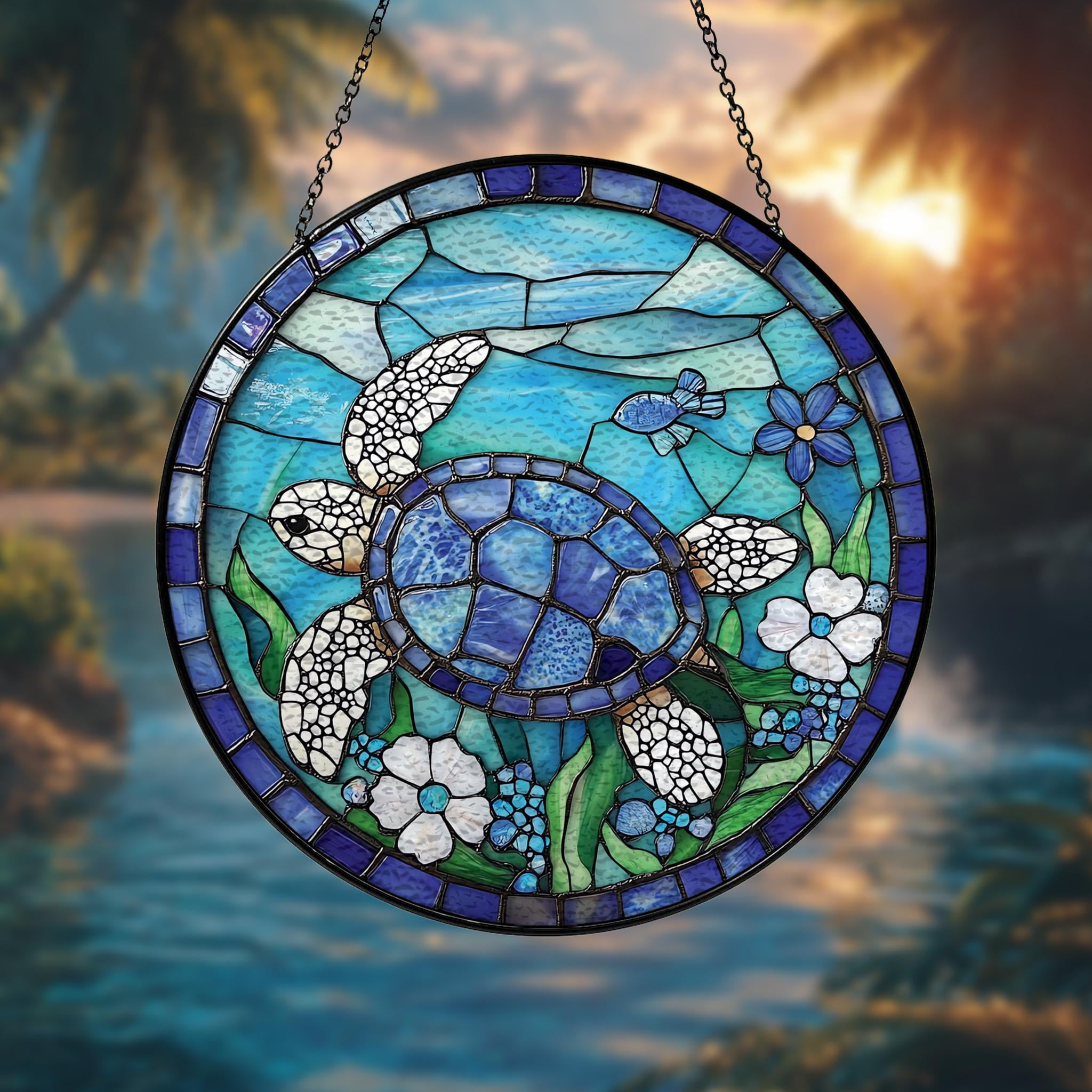 Floral Turtle Stained Glass Suncatcher – Sea Turtle and Flower Window ...
