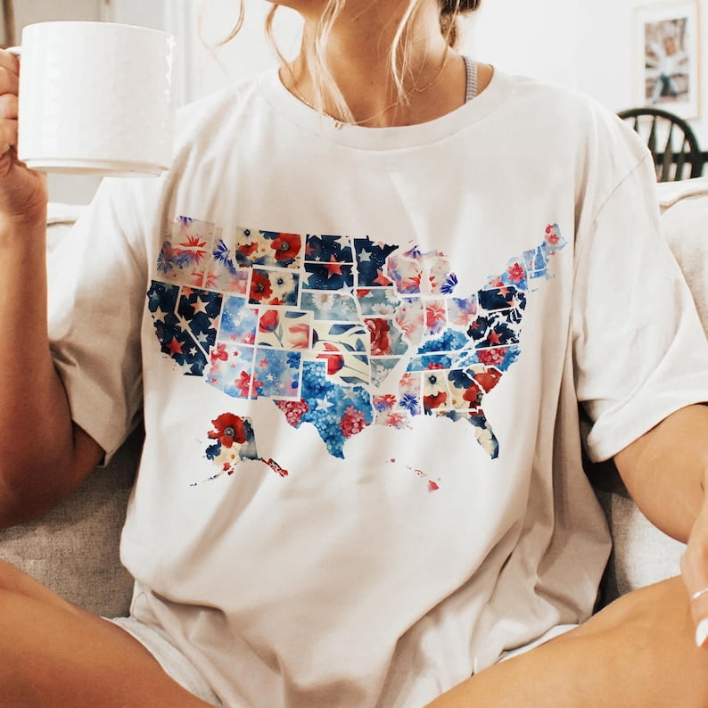 Floral USA Map T-Shirt – Coquette 4th of July Tee with American Flag ...