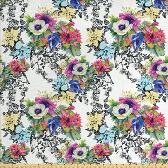 Ambesonne Floral Fabric by the Yard Upholstery, Watercolor Botany Motif ...