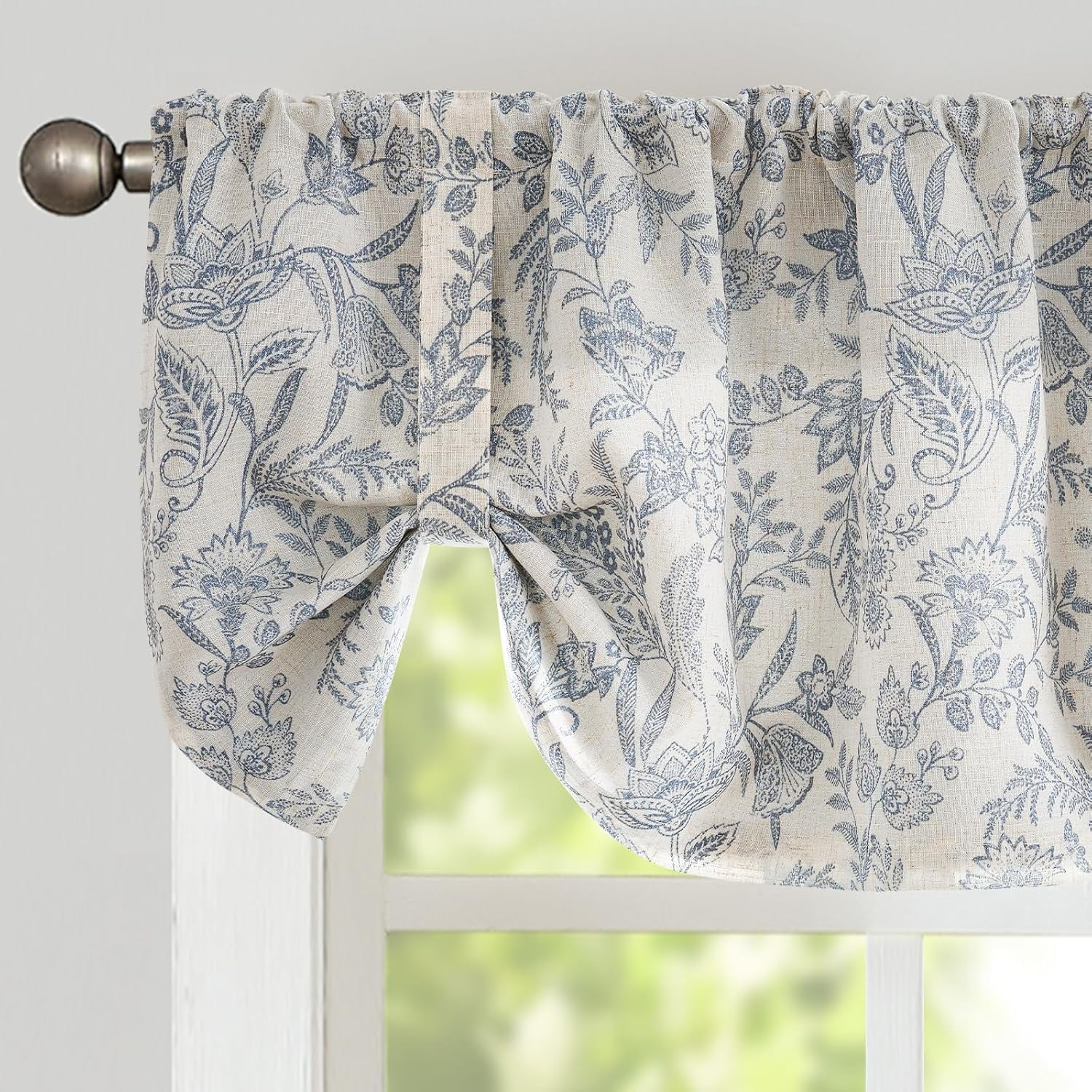 Floral Valance Curtain Blue Linen Farmhouse Lined Tie Up Valance for ...