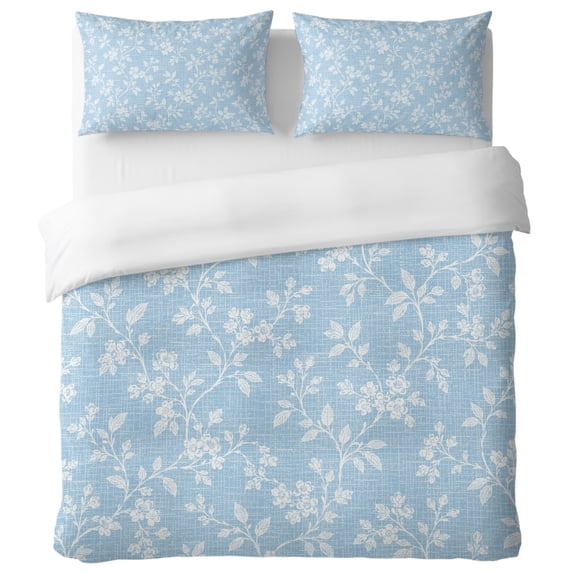Floral Vine Blue Full Duvet Cover Set, Botanical Tiny Flower Leaf Sky ...