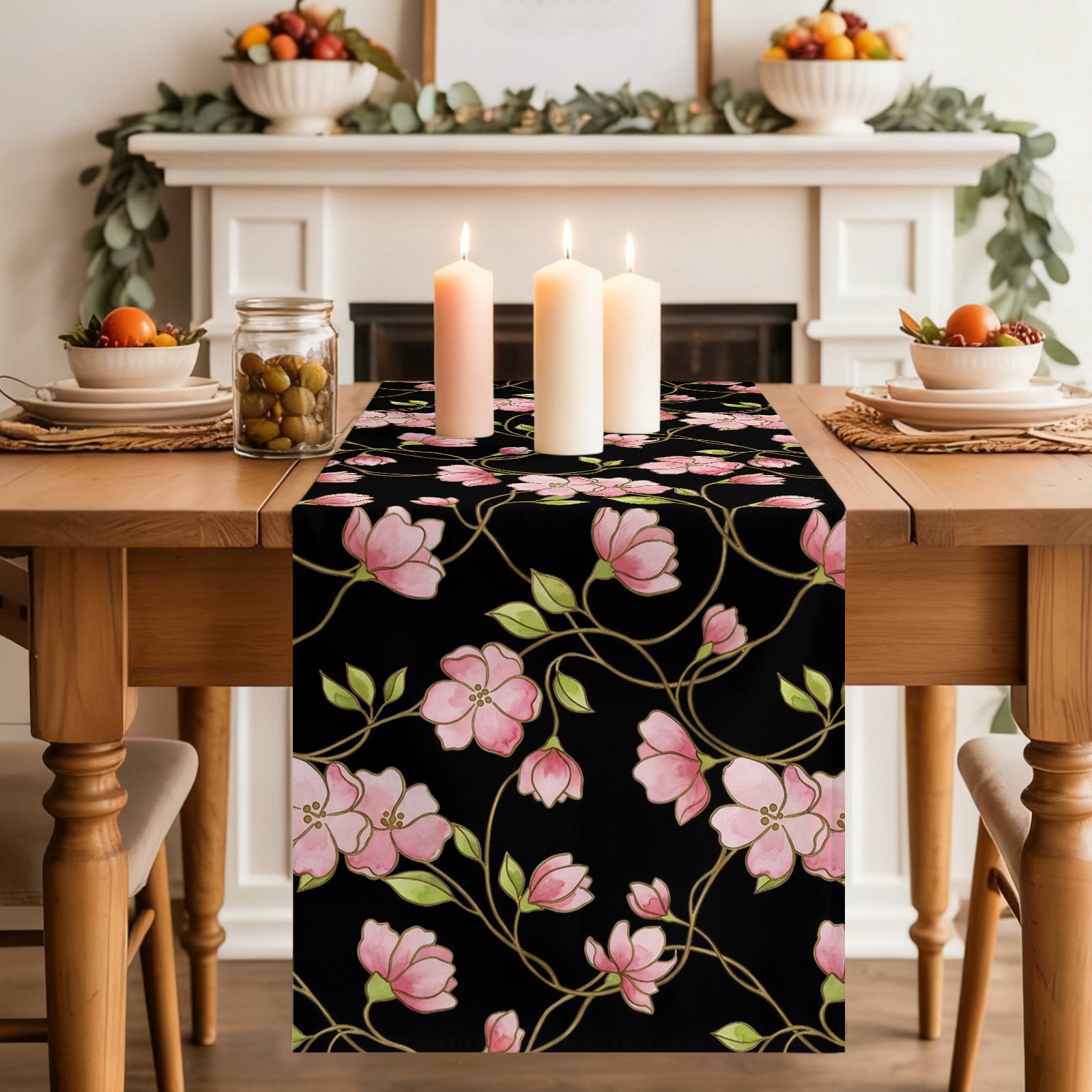Floral Vines Dining Table Runner, Rustic Floral Black Pink Buds Flower ...