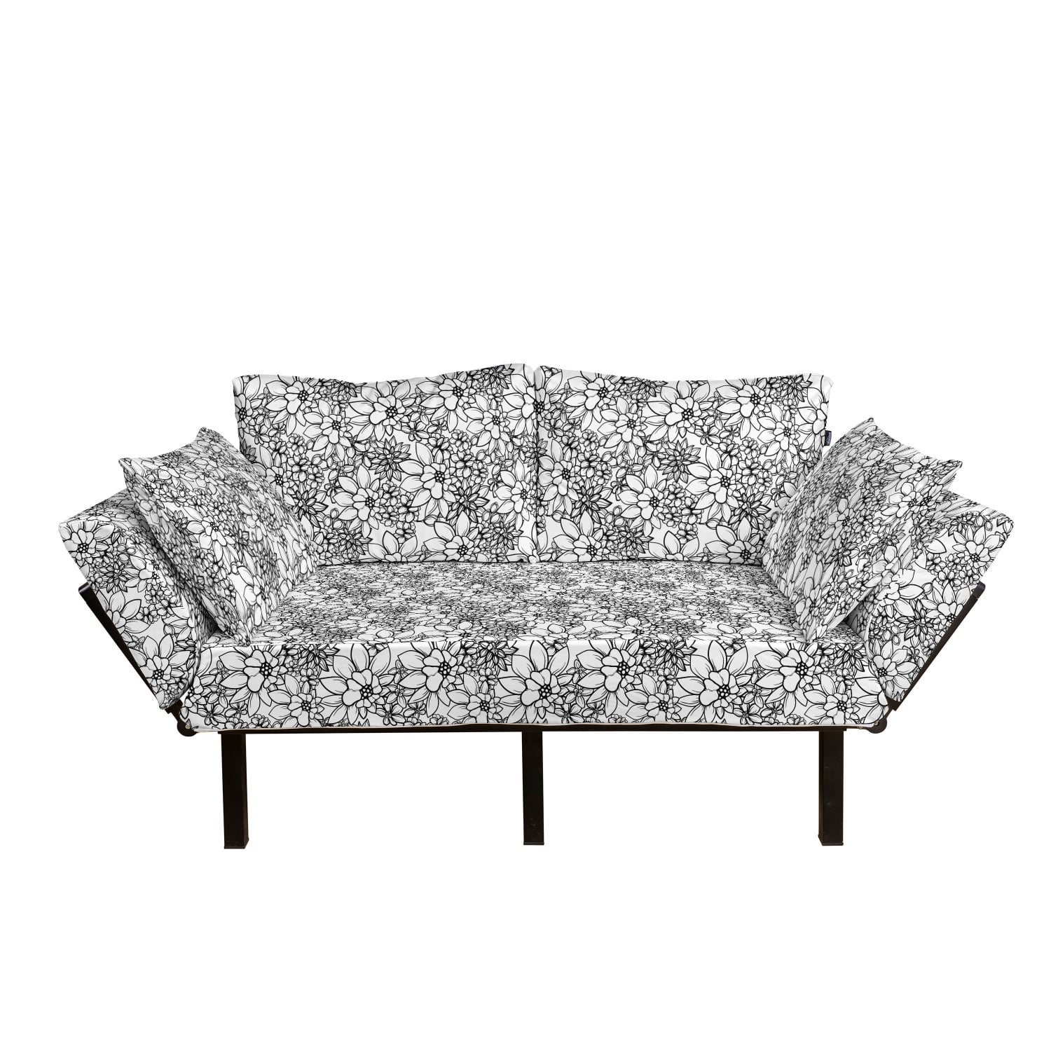 Floral Vintage Futon Couch, Cartoon Style Group of Various Flowers ...