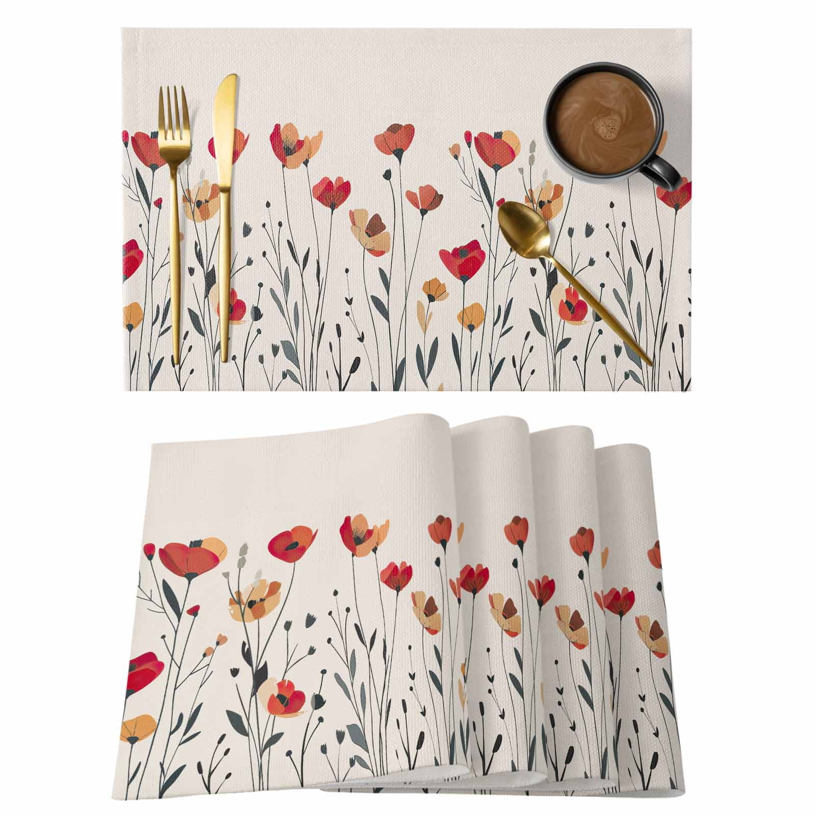 Floral Vintage Placemats Set of 8, Red Yellow Flower Leaves Gradient ...