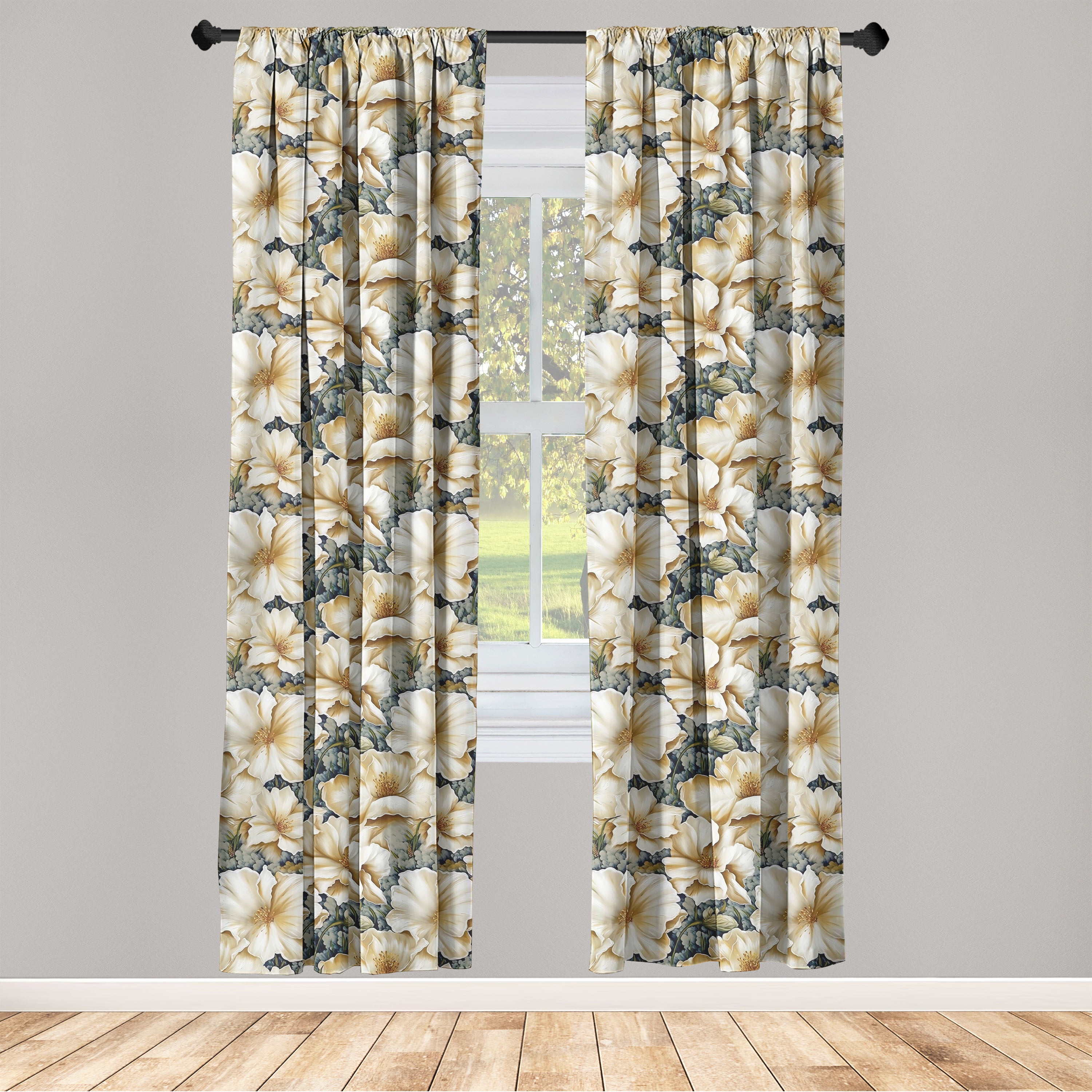 Floral Vintage Window Curtains, Retro Looking Exotic Hibiscus Petals Blossom Leaves Jungle Boho ...