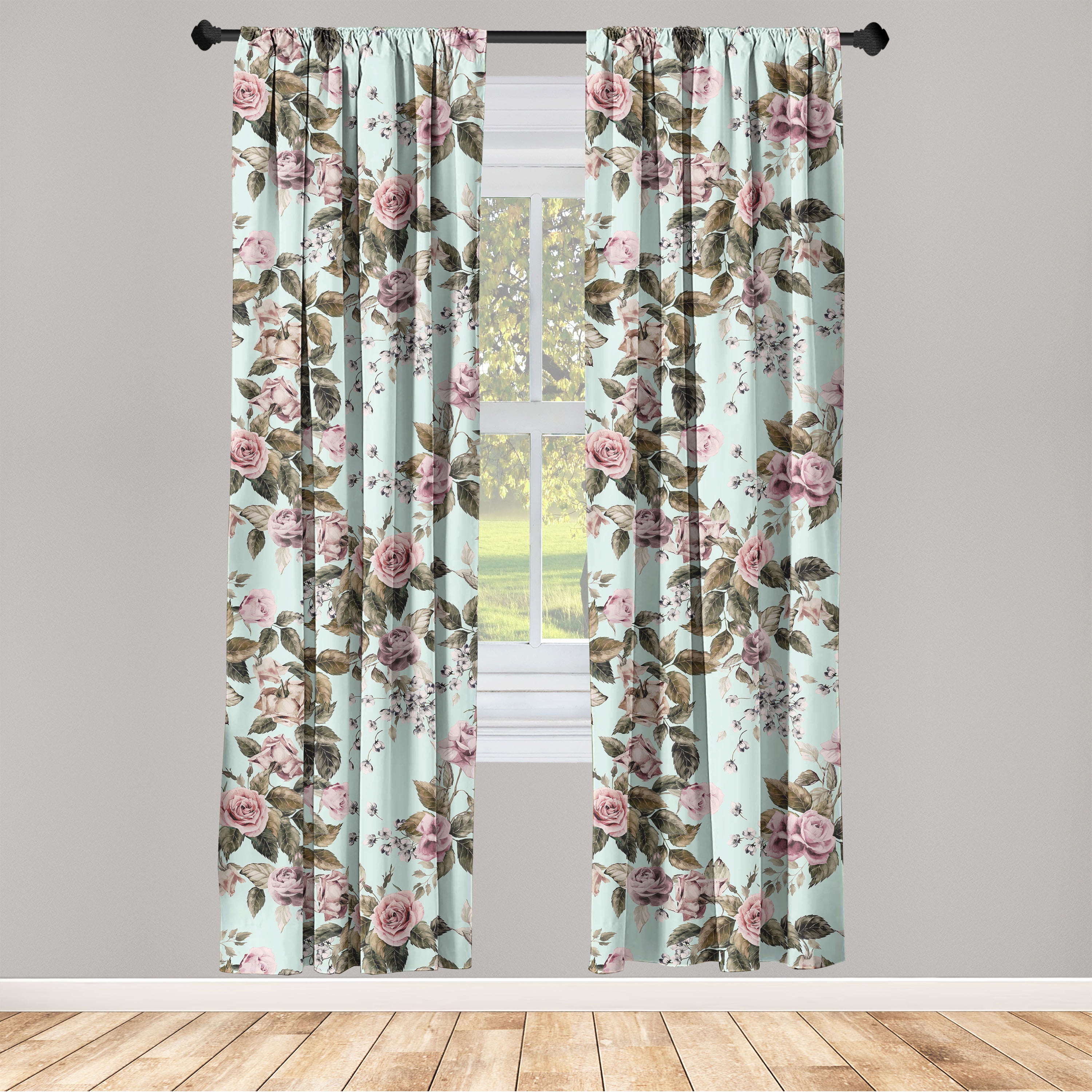 Floral Vintage Window Curtains, Romantic Vibes Rose Pattern with Leaves ...