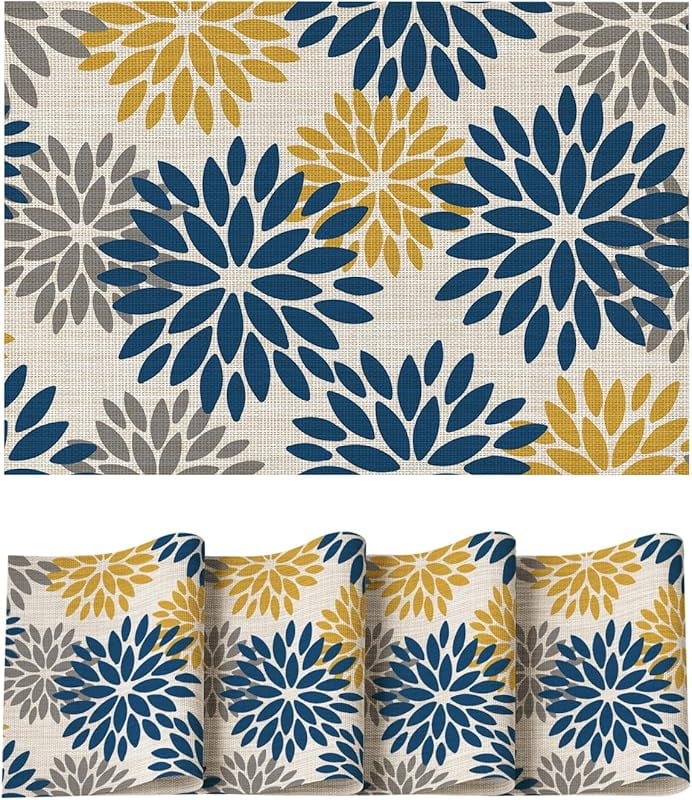 Floral Vinyl Placemats Set of 4, Heat Resistant Washable Non-Slip ...