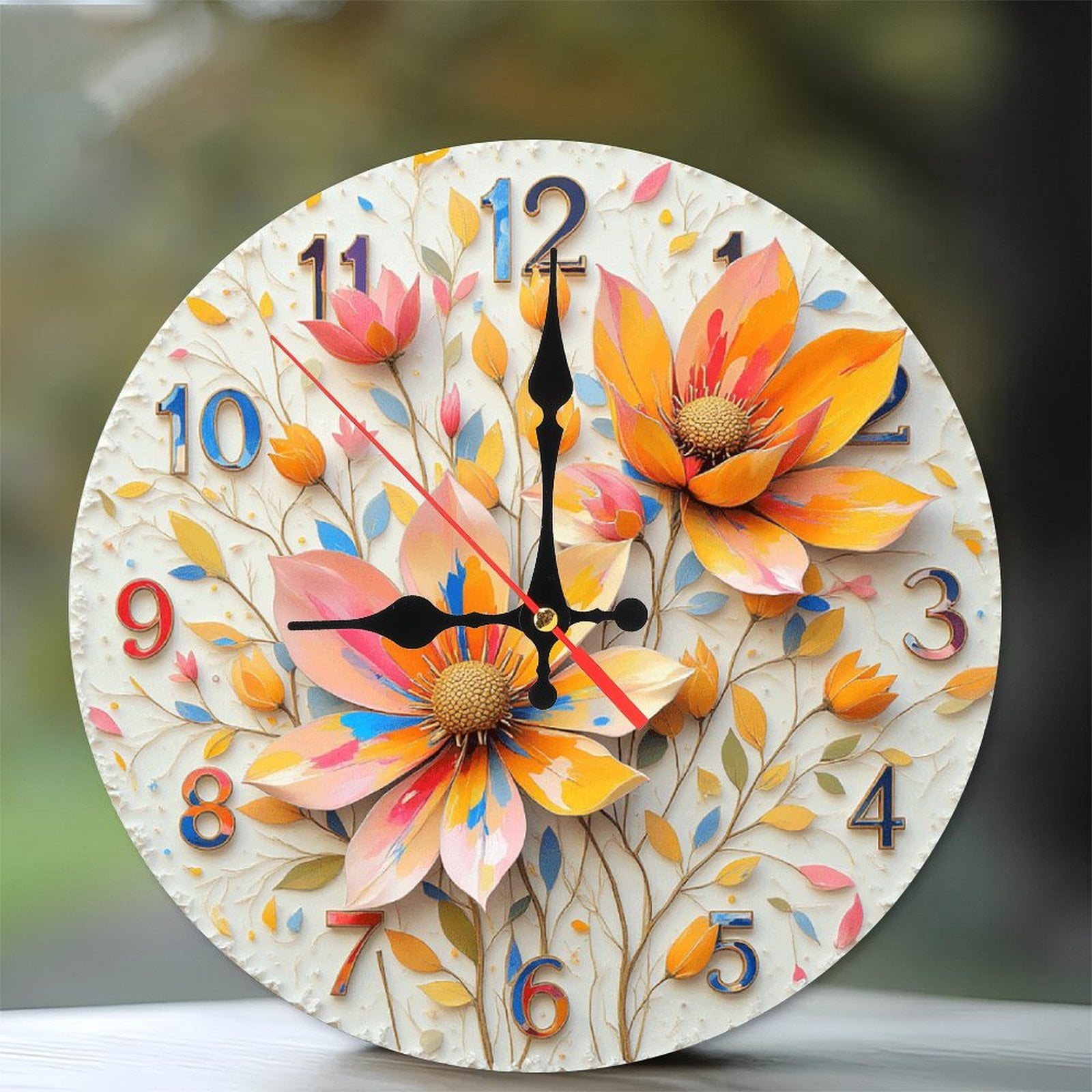 Floral Design Wall Clock with Colorful Flowers 10-Inch Silent Wooden ...