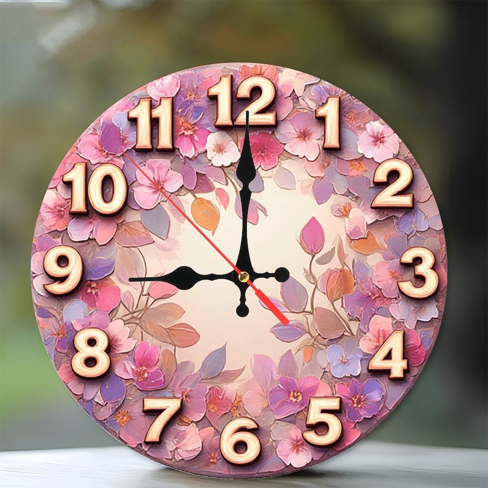 Floral Wall Clock Pink Flowers Home Decor 10-Inch Silent Wooden Wall ...
