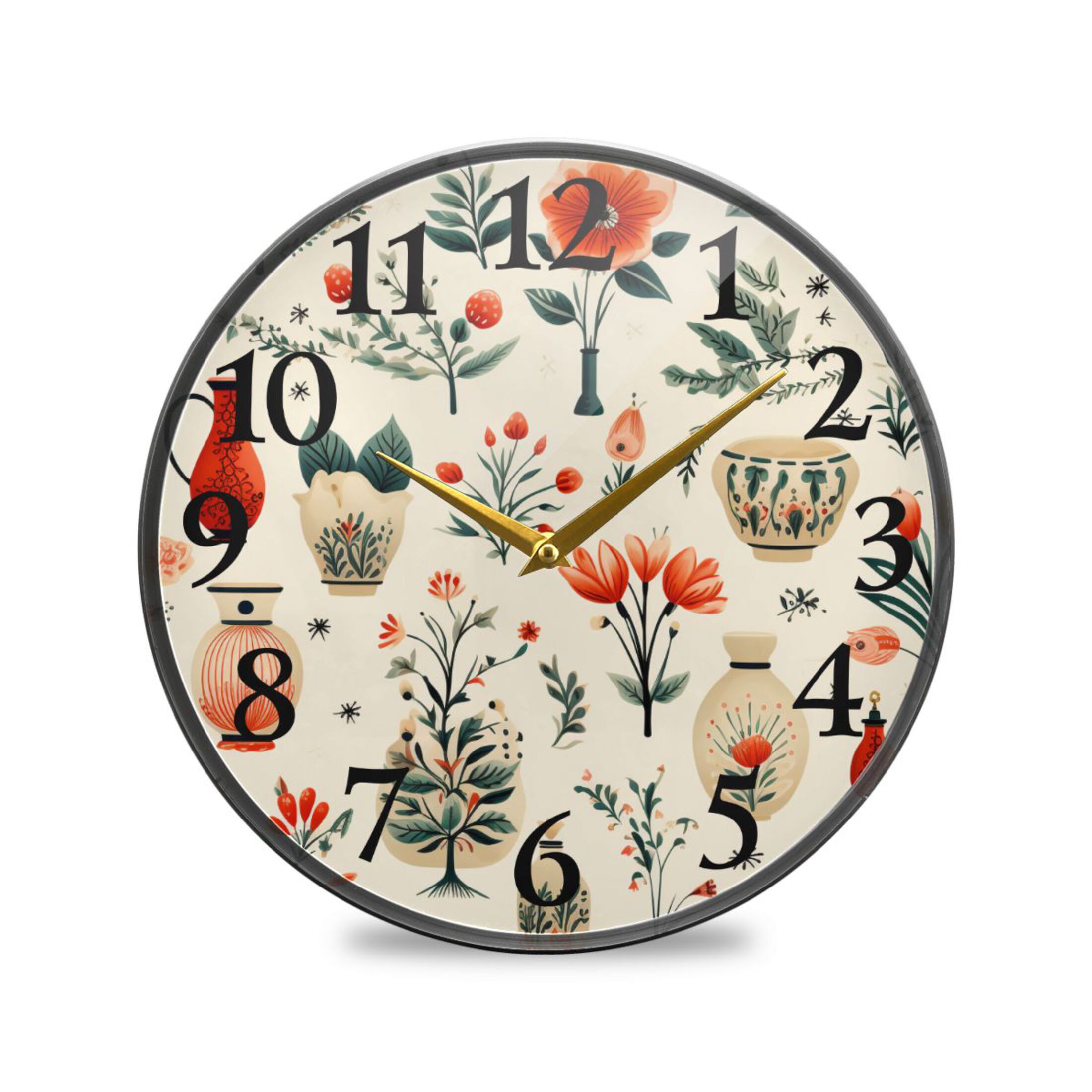 Floral Wall Clocks Battery Operated 9.5 Inch Round Clock Acrylic Silent ...