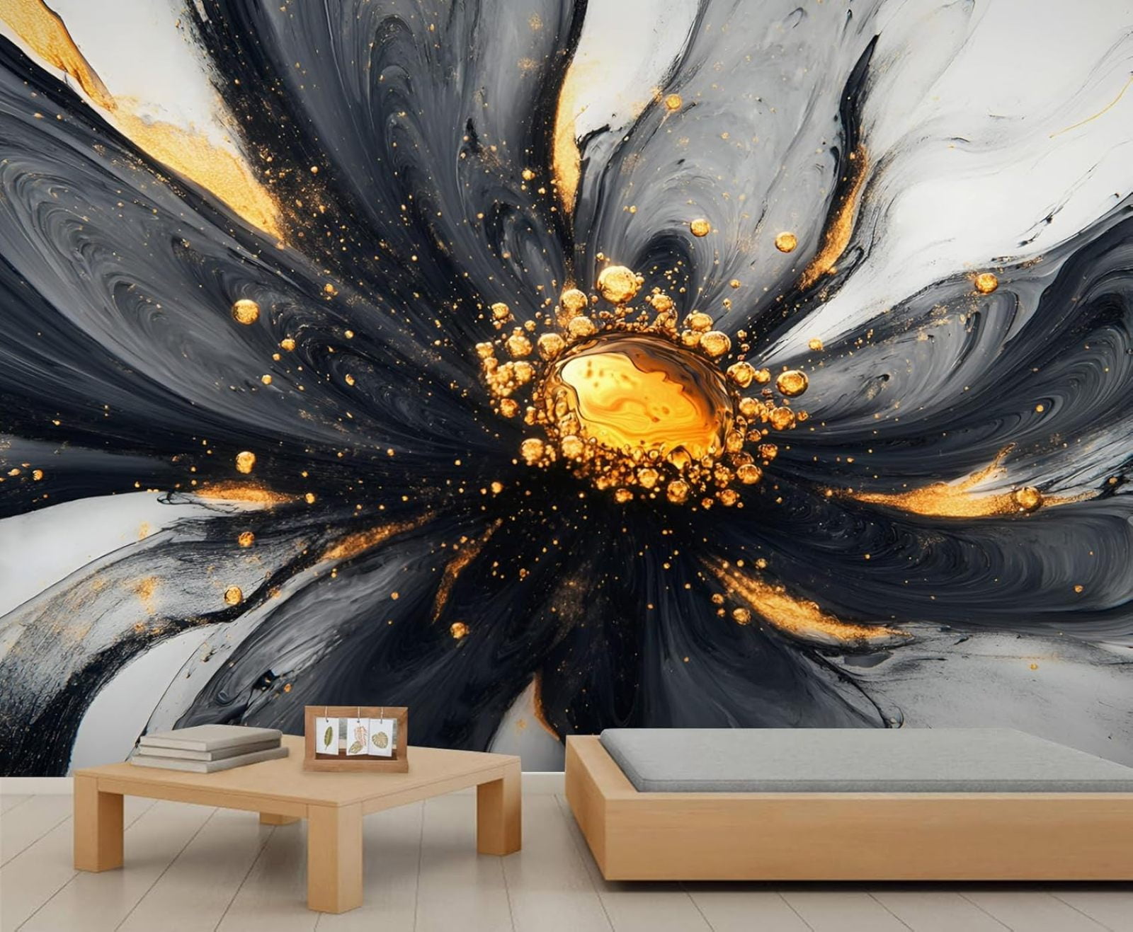 Floral Wall Mural - Abstract Flower Murals, Black And Gold Floral Large ...