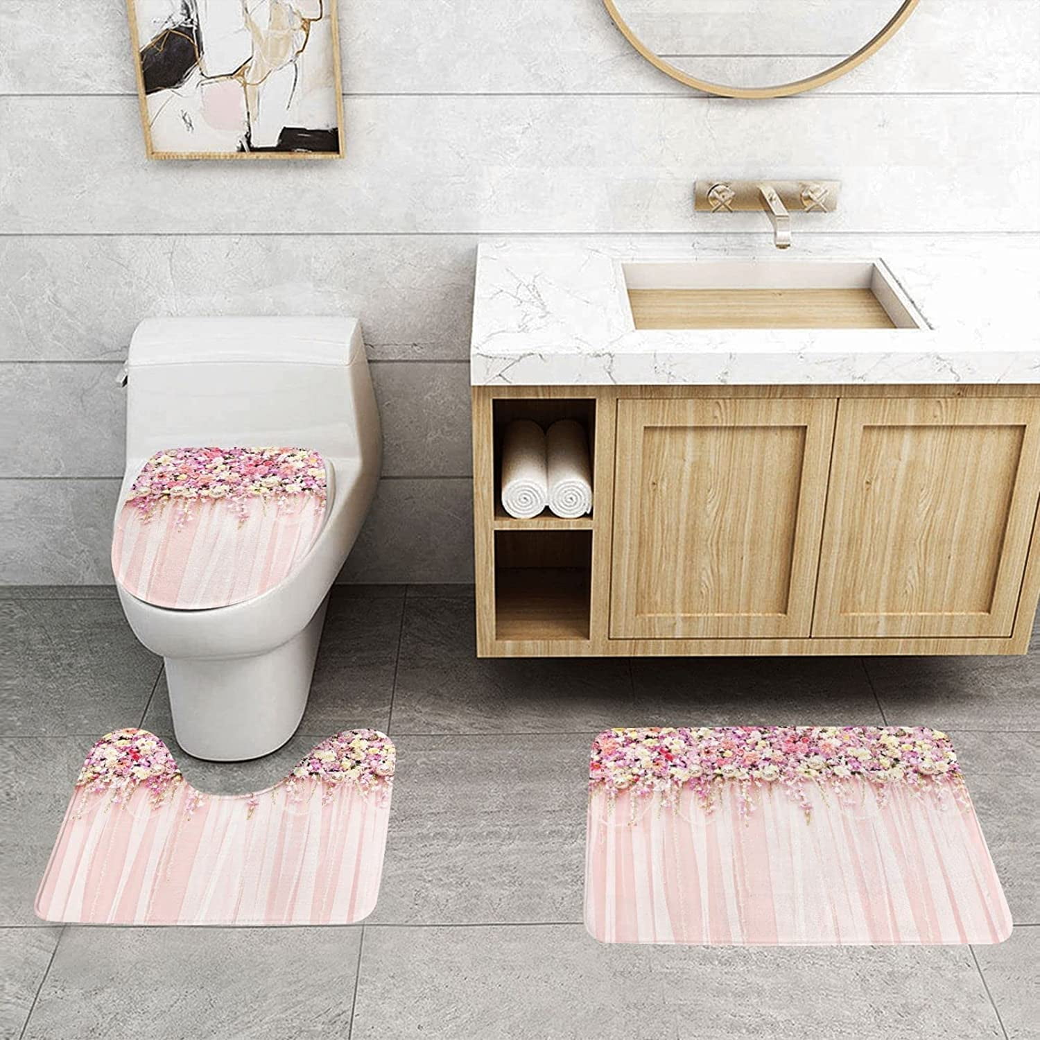 Floral Wall Pink Rose Bathroom Rug Set of 3 Bathroom Rug Set Non-slip ...