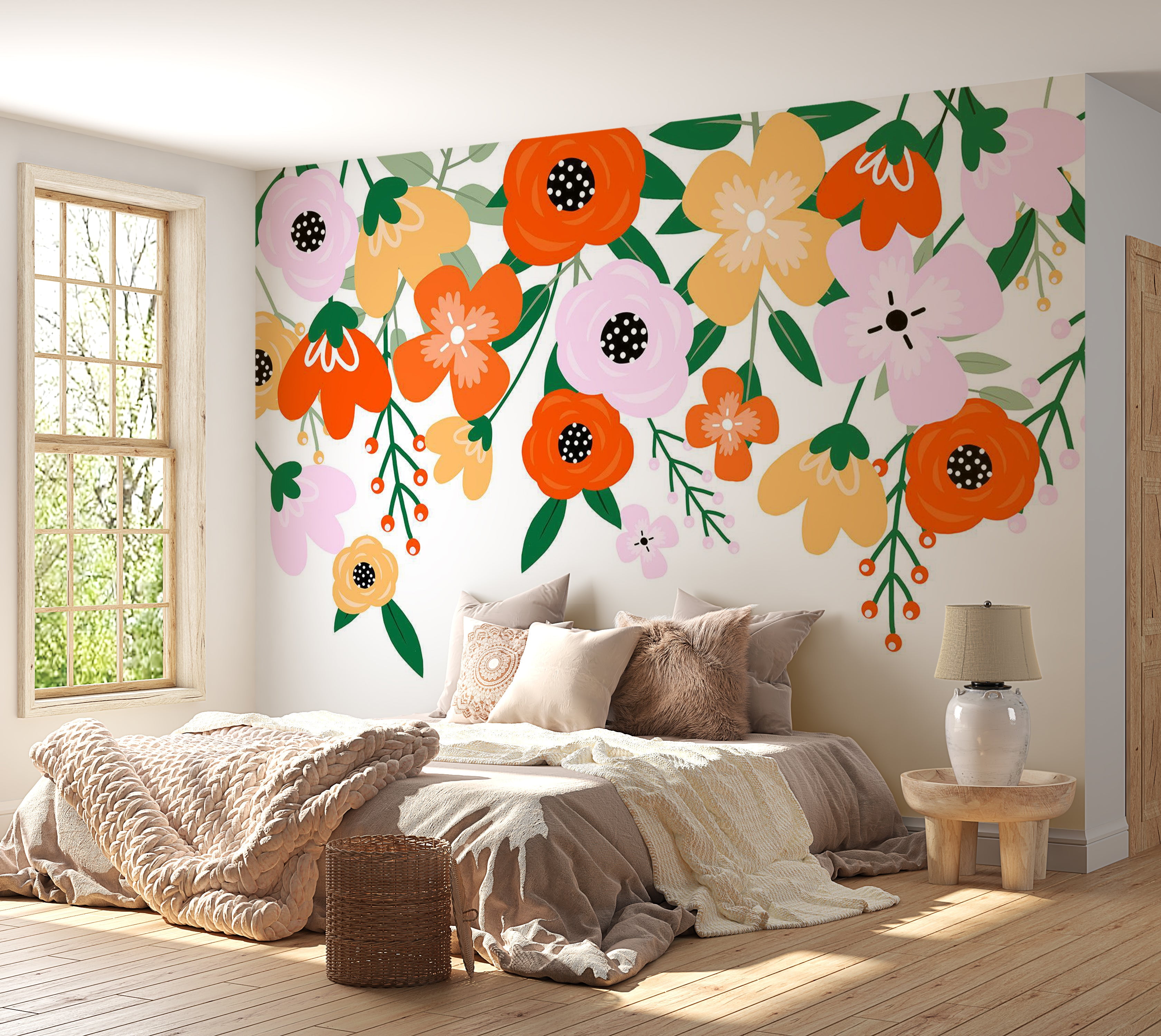 Floral Wallpaper Wall Mural - Orange Abstract Bloom - Walmart.com