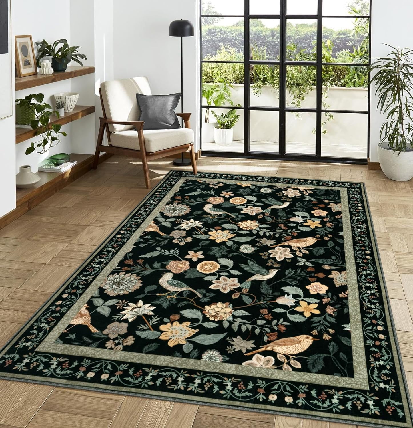 Floral Washable 5x7 Area Rug, Boho Birds Black/Beige Rugs for Living ...