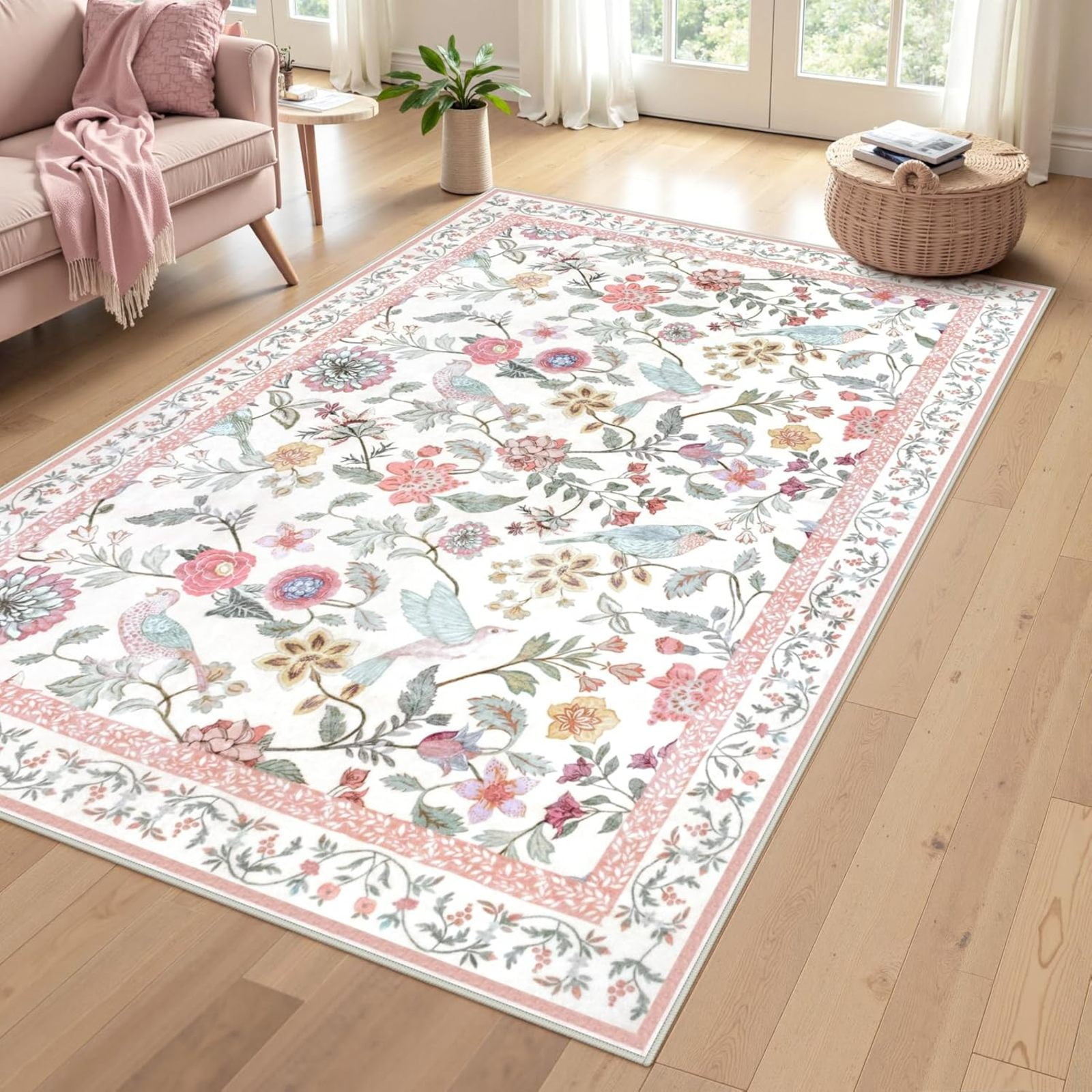 Floral Washable Area Rug, Soft Non-Slip Pink Rugs For Girls Bedroom Low ...