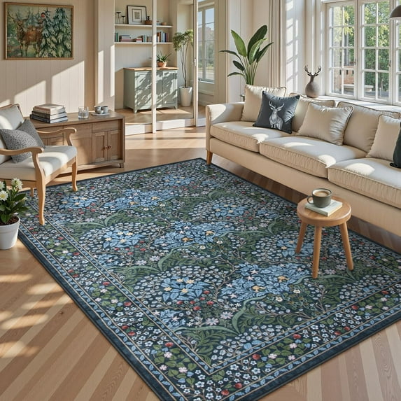 Floral Washable Area Rugs 5x7, Soft Blue Rugs for Living Room Bedroom ...