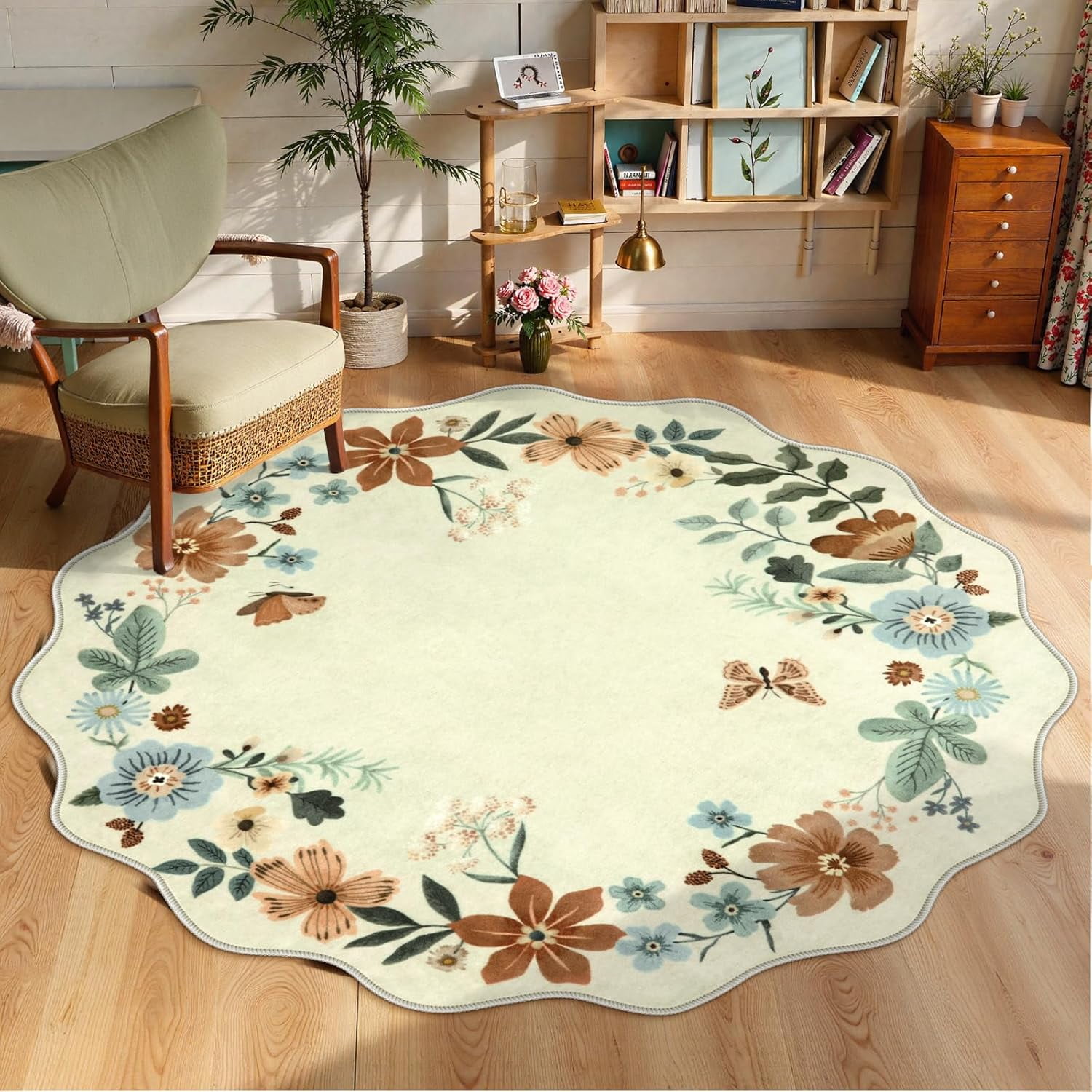 Floral Washable Round Area Rug, Soft Round Rugs 6ft Ultra-Thin Non-Slip ...
