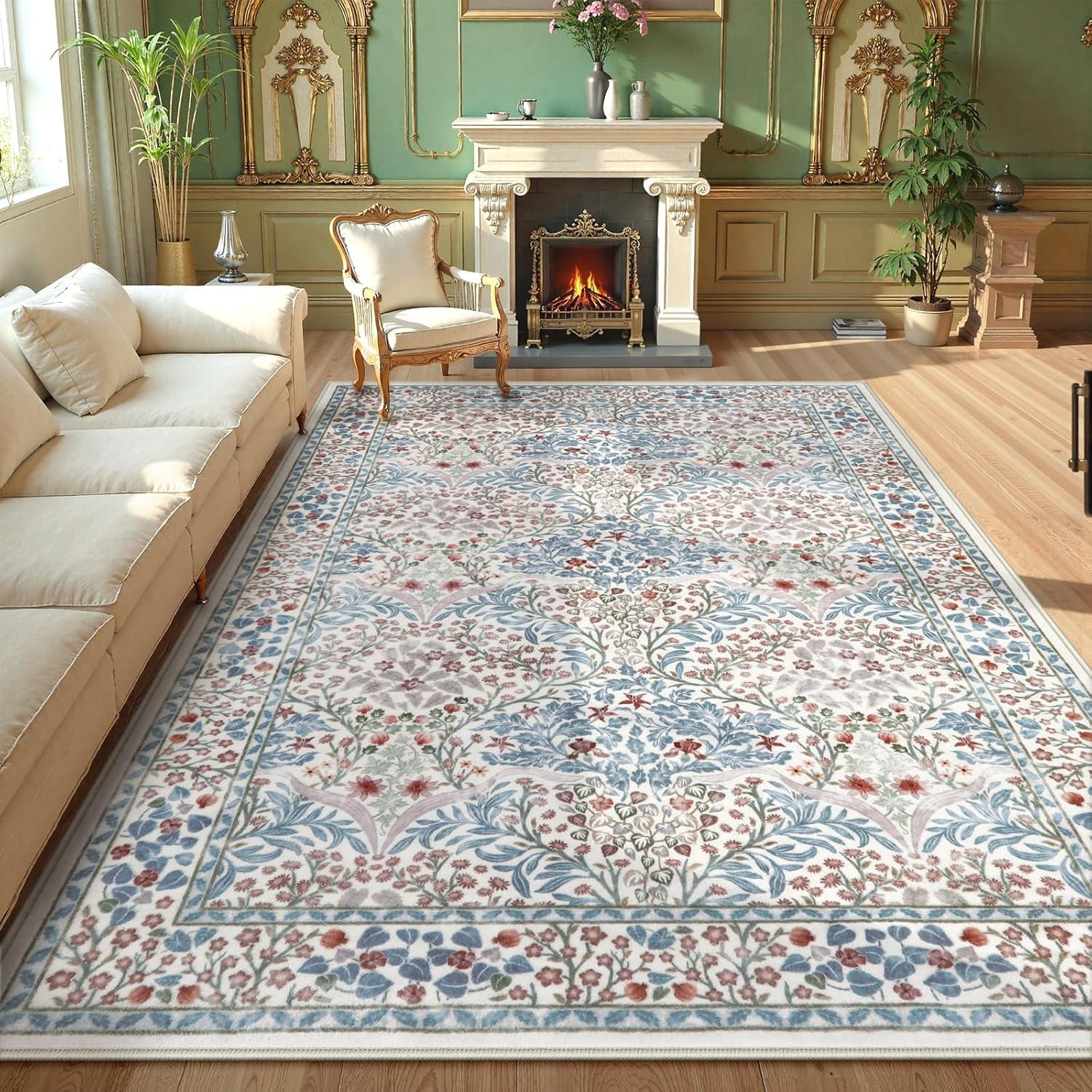 Floral Washable Rugs 8x10, Soft 8x10 Area Rugs for Living Room Bedroom ...