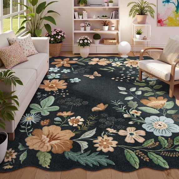 Floral Washable Rugs 8x10 Soft Ultra-thin For Living Room Bedroom Easy ...