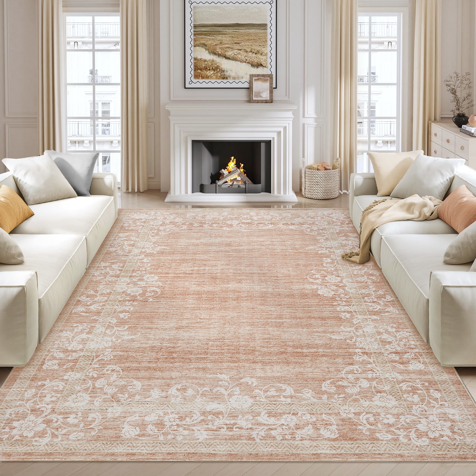 Floral Washable Rugs Non-Slip Low Pile - Polyester Area Rug for Living ...