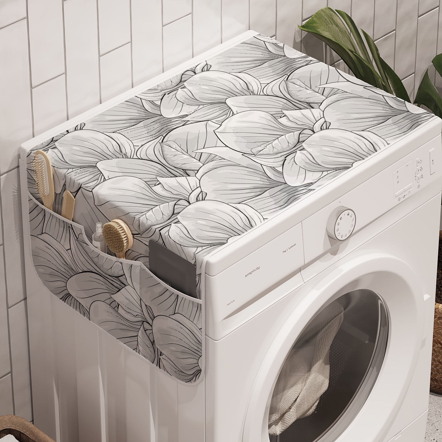 Floral Washing Machine Organizer, Monochrome Style Modern Composition ...