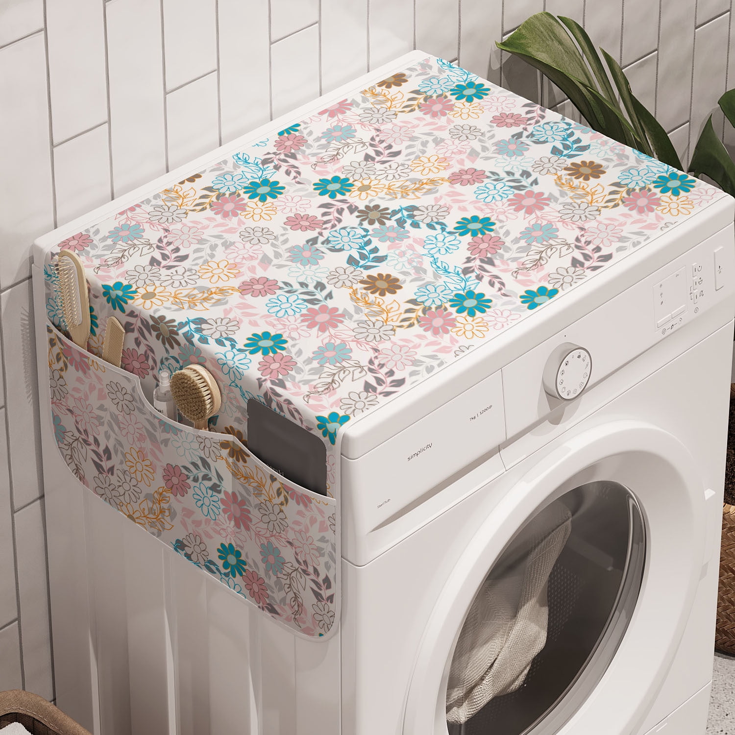 Floral Washing Machine Organizer, Pastel Daisies and Leaves Blooming ...