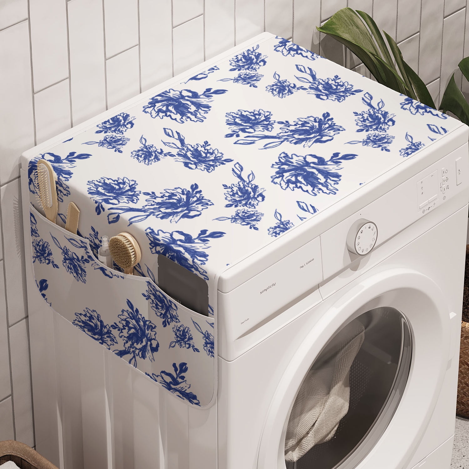 Floral Washing Machine Organizer, Rhythmic Abstract Blue Peonies ...
