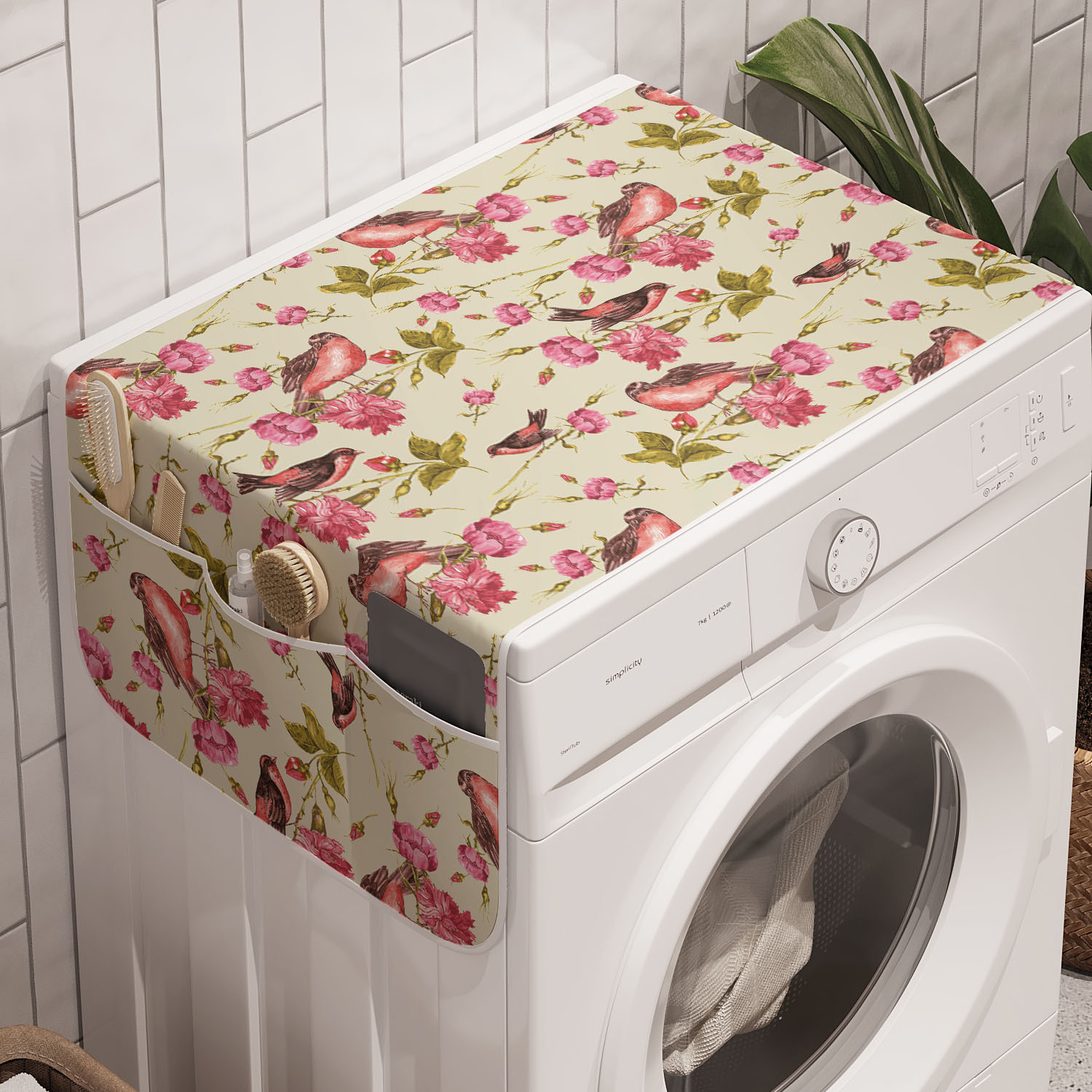 Floral Washing Machine Organizer, Rhythmic Singing Birds Rose Flowers ...