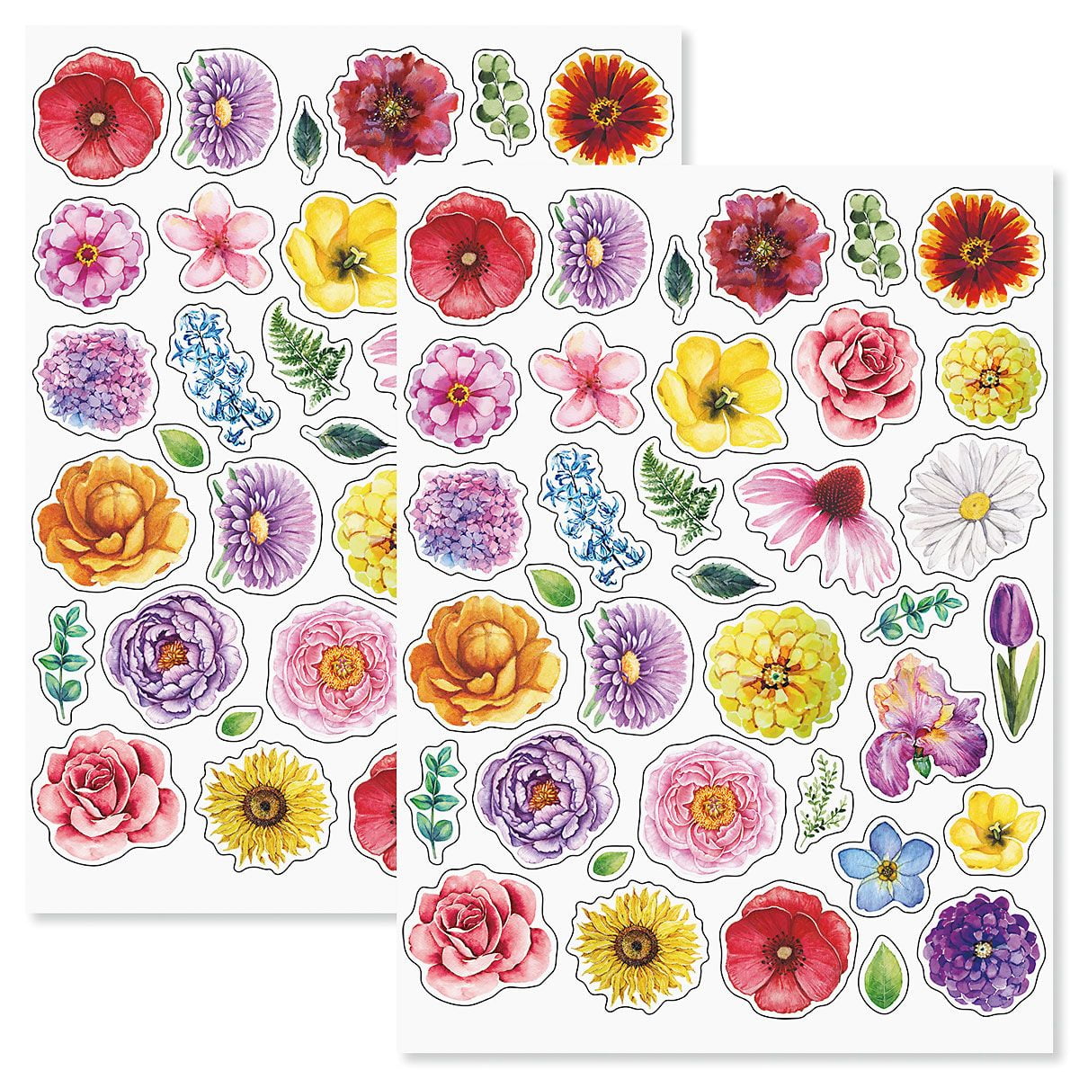 Floral Watercolor Stickers - 72 Stickers,Two 8-1/2" x 11" Sheets, Great ...