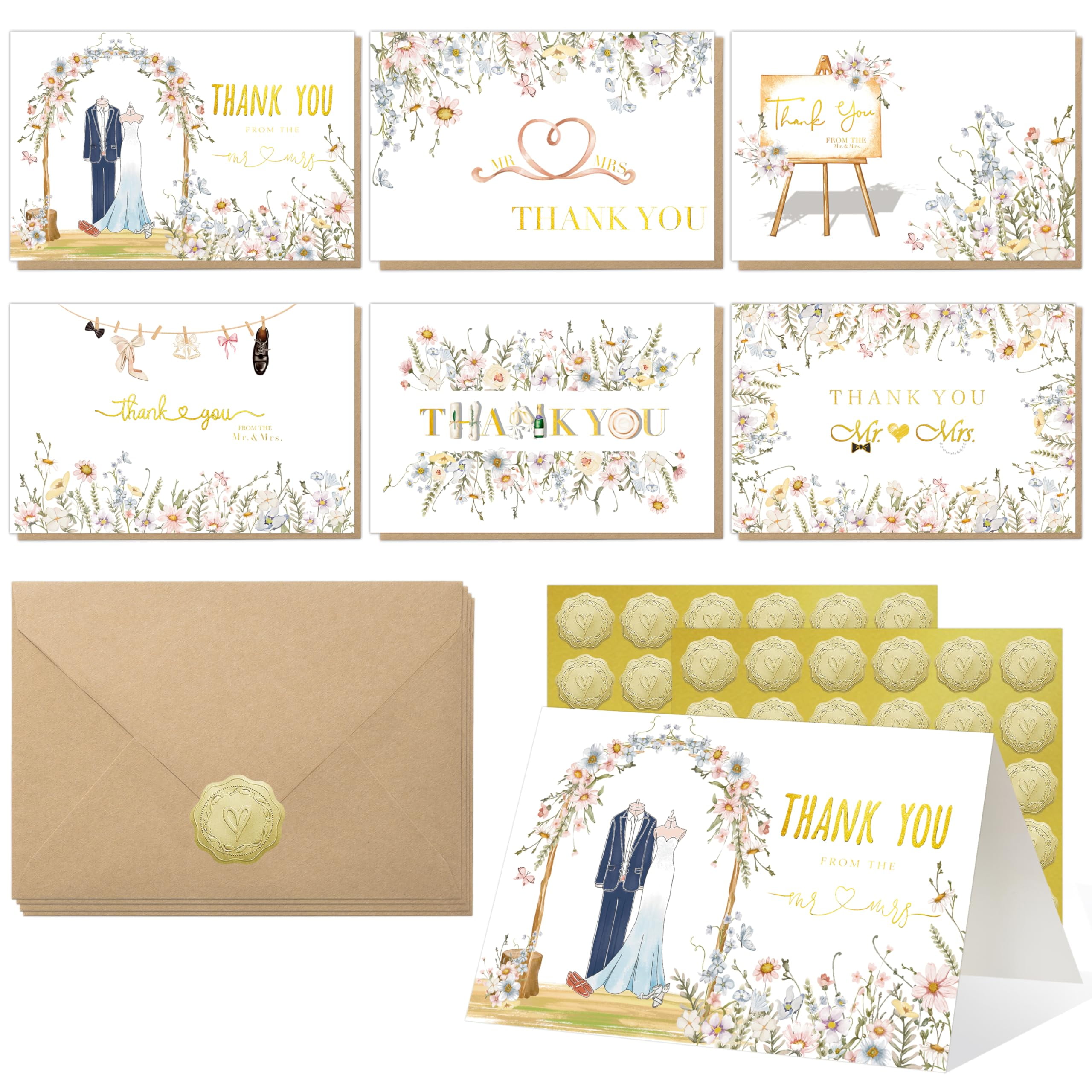 Floral Wedding Thank You Cards With Envelopes & Sticker,48PCS ...